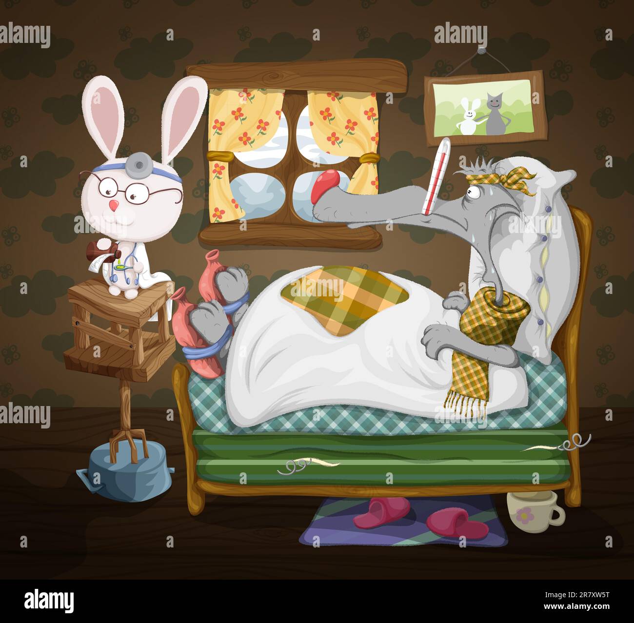 Children's illustration, rabbit treats the wolf. Fairy scene. Dr. Hare ...