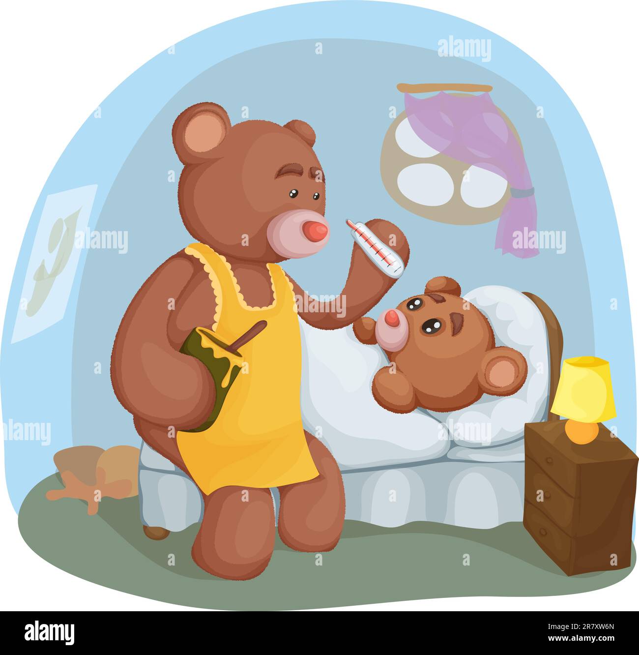 Sick teddy bear lying in bed, and sitting next to mom with a ...