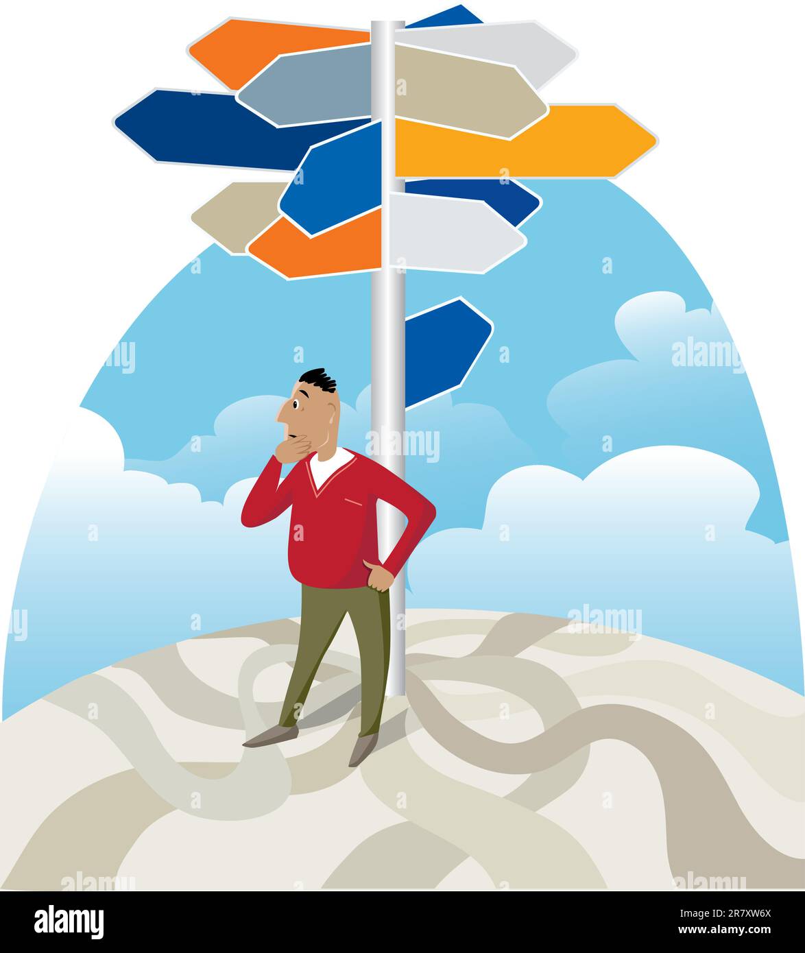 Vector illustration of a man looking for direction at signpost Stock ...