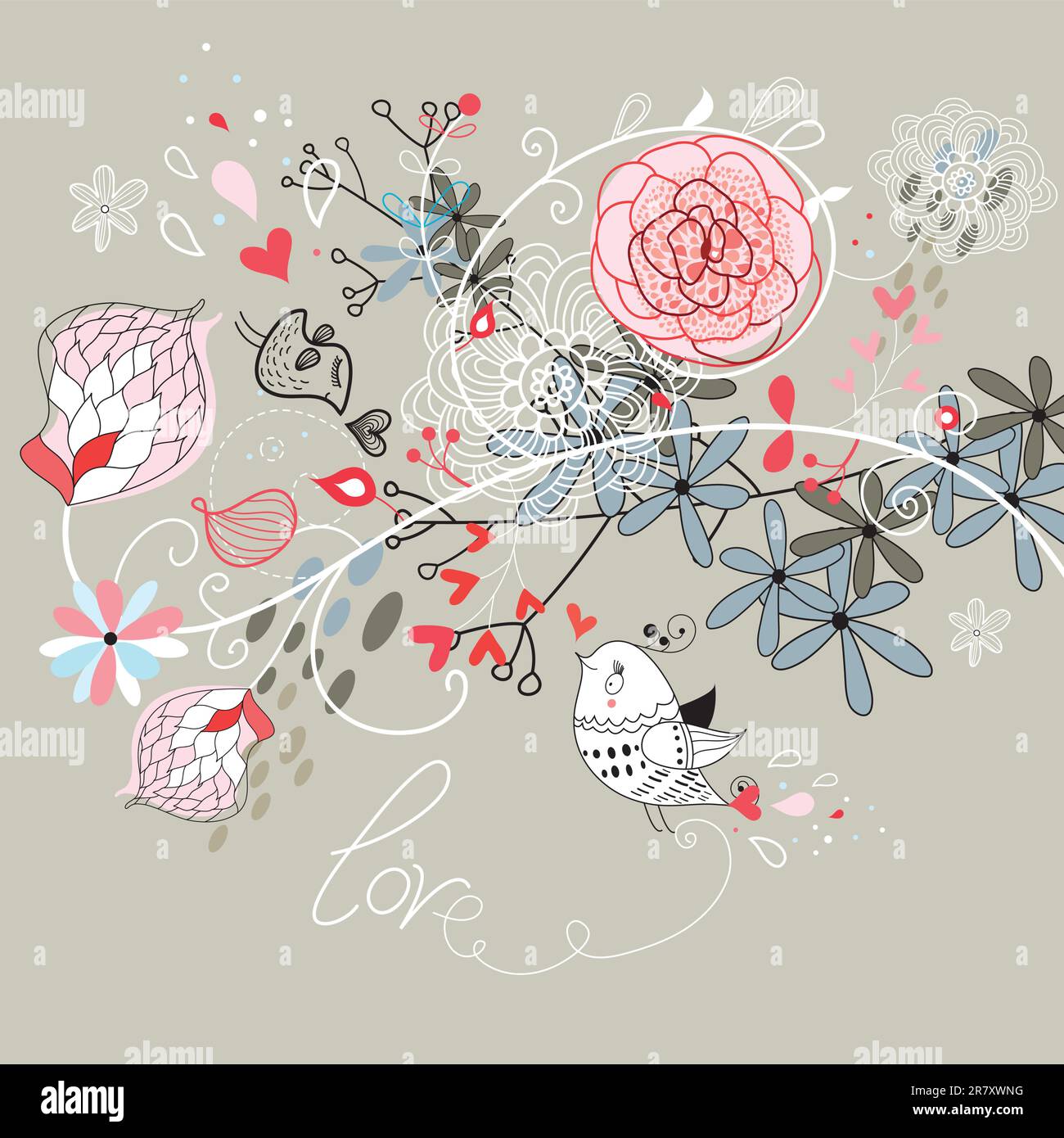 postcard with beautiful flowering branch and birds in love on a brown ...