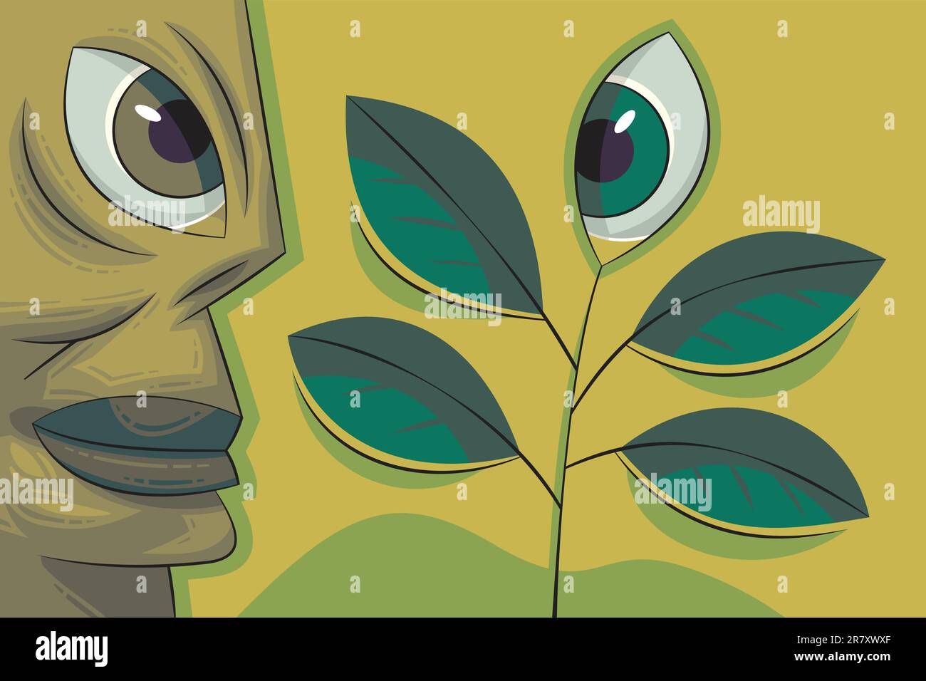 Green human face and plant with an eye looking at each other. Ecology ...