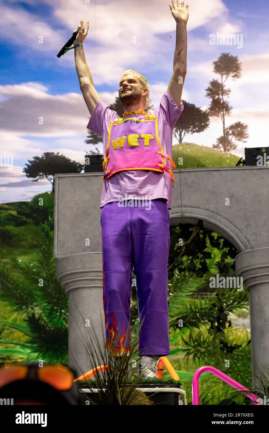 Tucker Halpern of SOFI TUKKER performs during the 2023 Bonnaroo Music and Arts Festival on ...