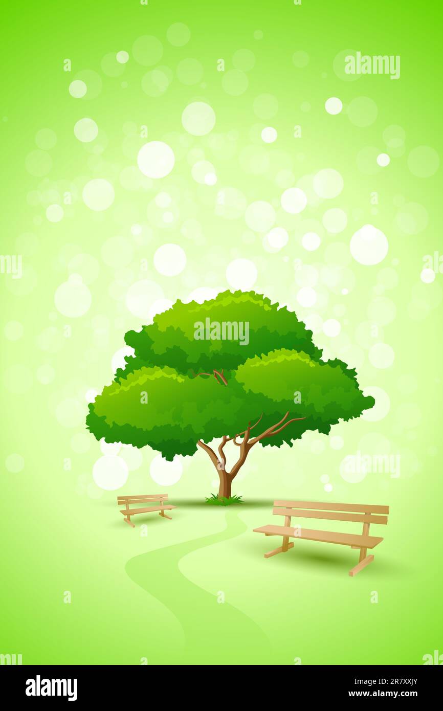 Abstract Green Tree Background with Bench and path for your design ...