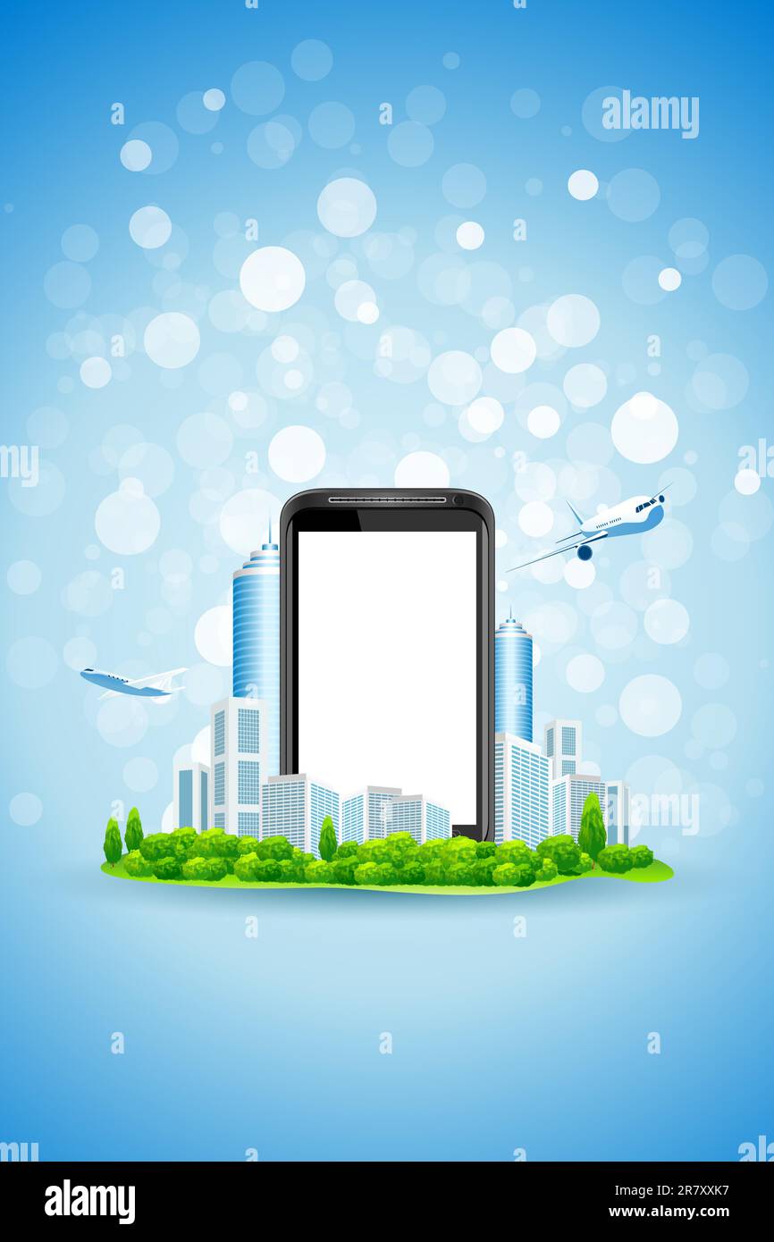 Blue Background with City Landscape airplane and Empty Phone Screen ...