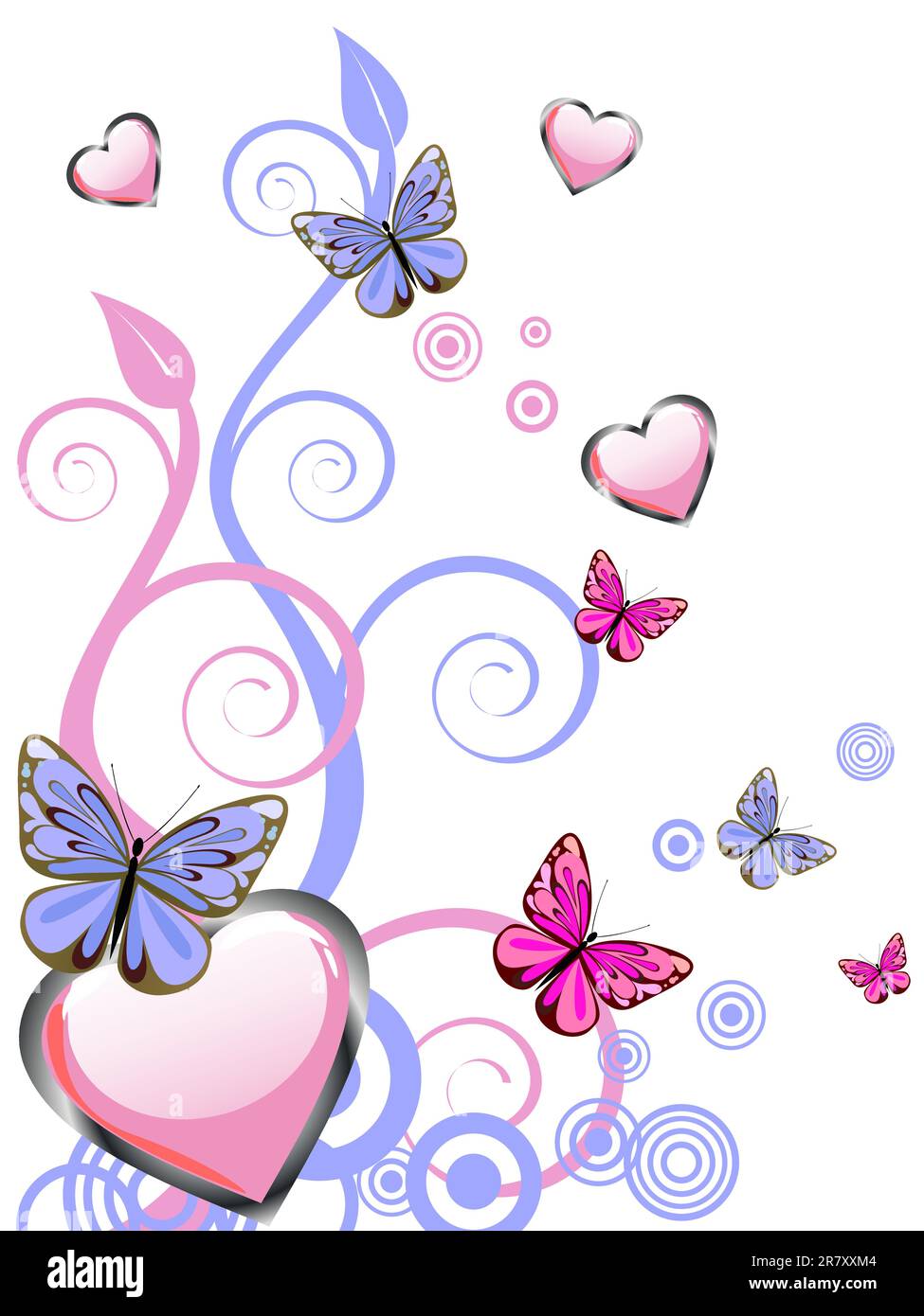 vector illustration of pink hearts and colorful butterflies on a floral ...