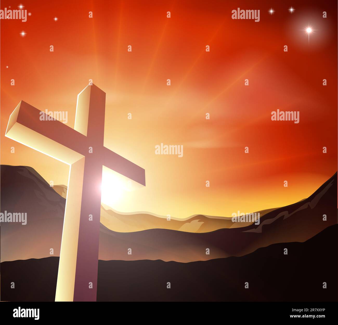 Sun rising behind the Cross over a mountain range. Resurrection ...