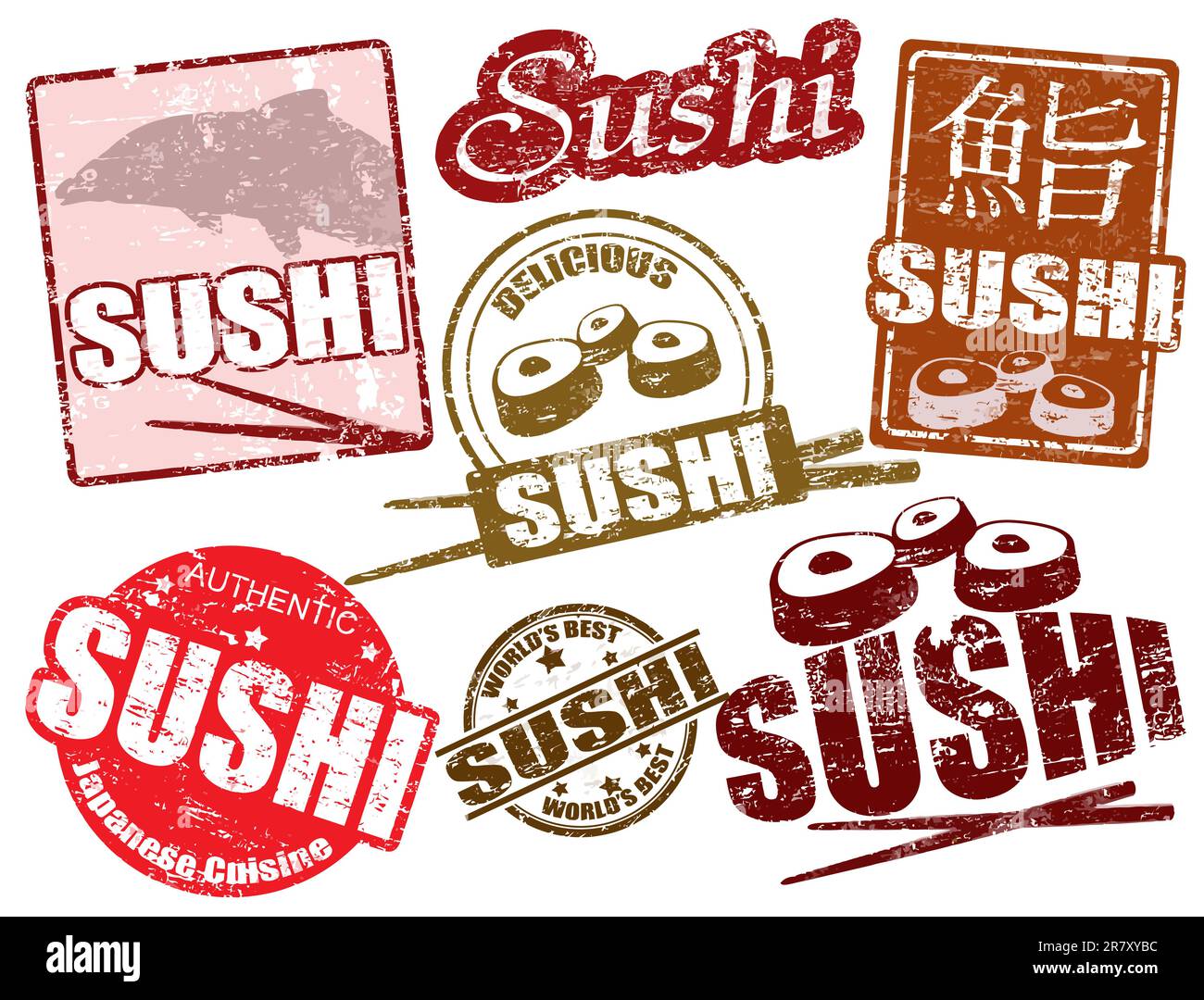 Set of grunge rubber stamps with the word sushi written inside, vector ...