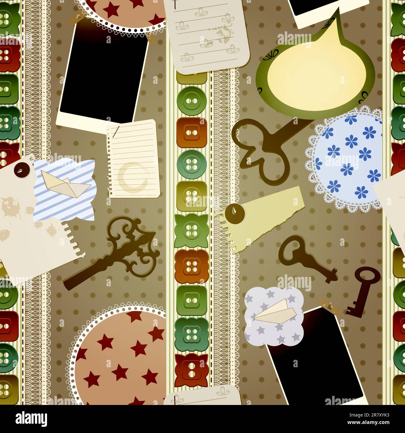vector seamless scrapbook design. contains vintage keys, buttons ...