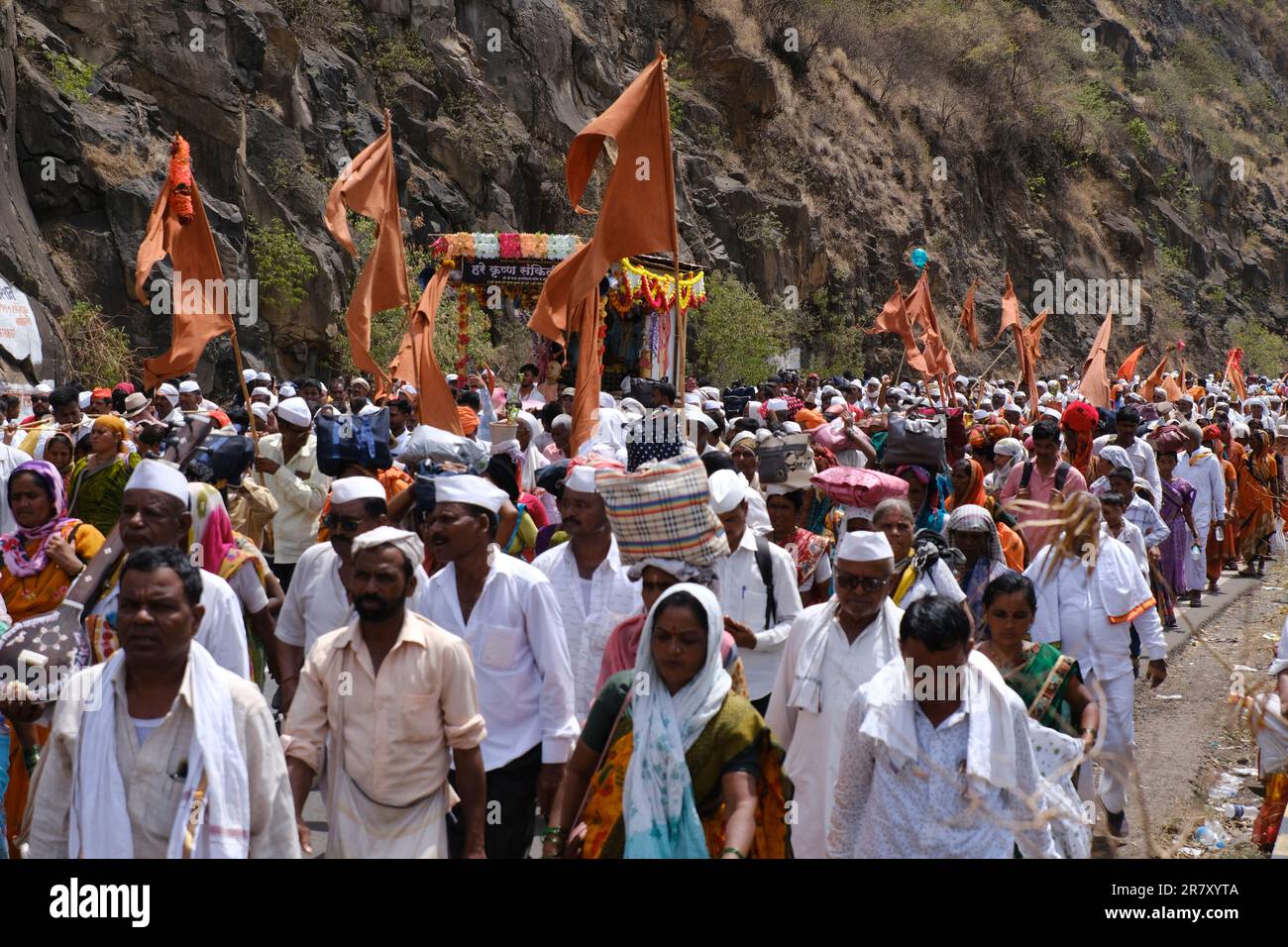 Pune, India 14 July 2023, cheerful Pilgrims at Palkhi, During Pandharpur wari procession ...