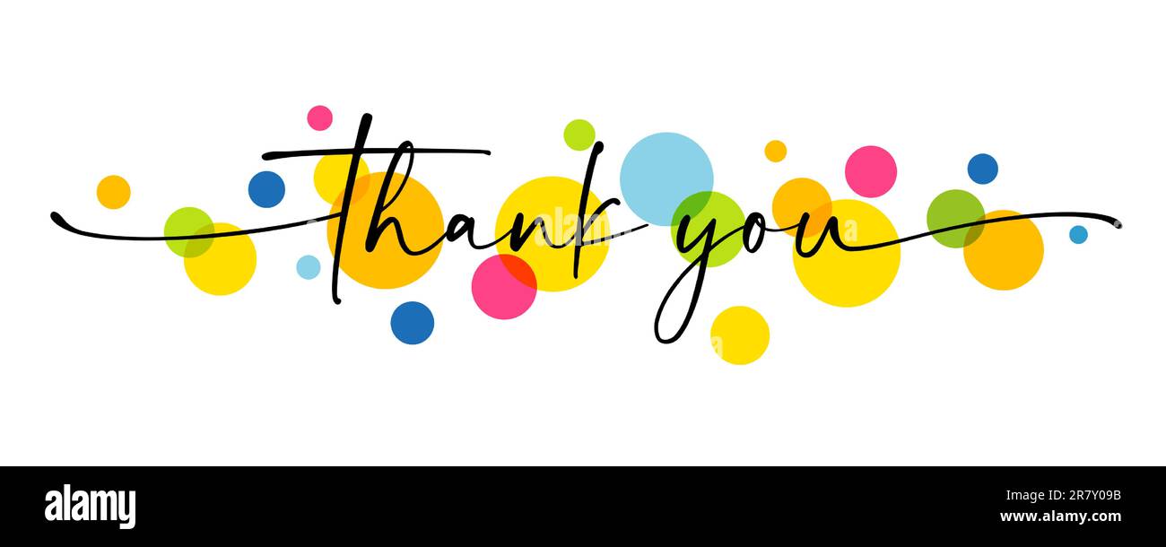 Thank you text handwritten with swirl ribbons and colored circles ...