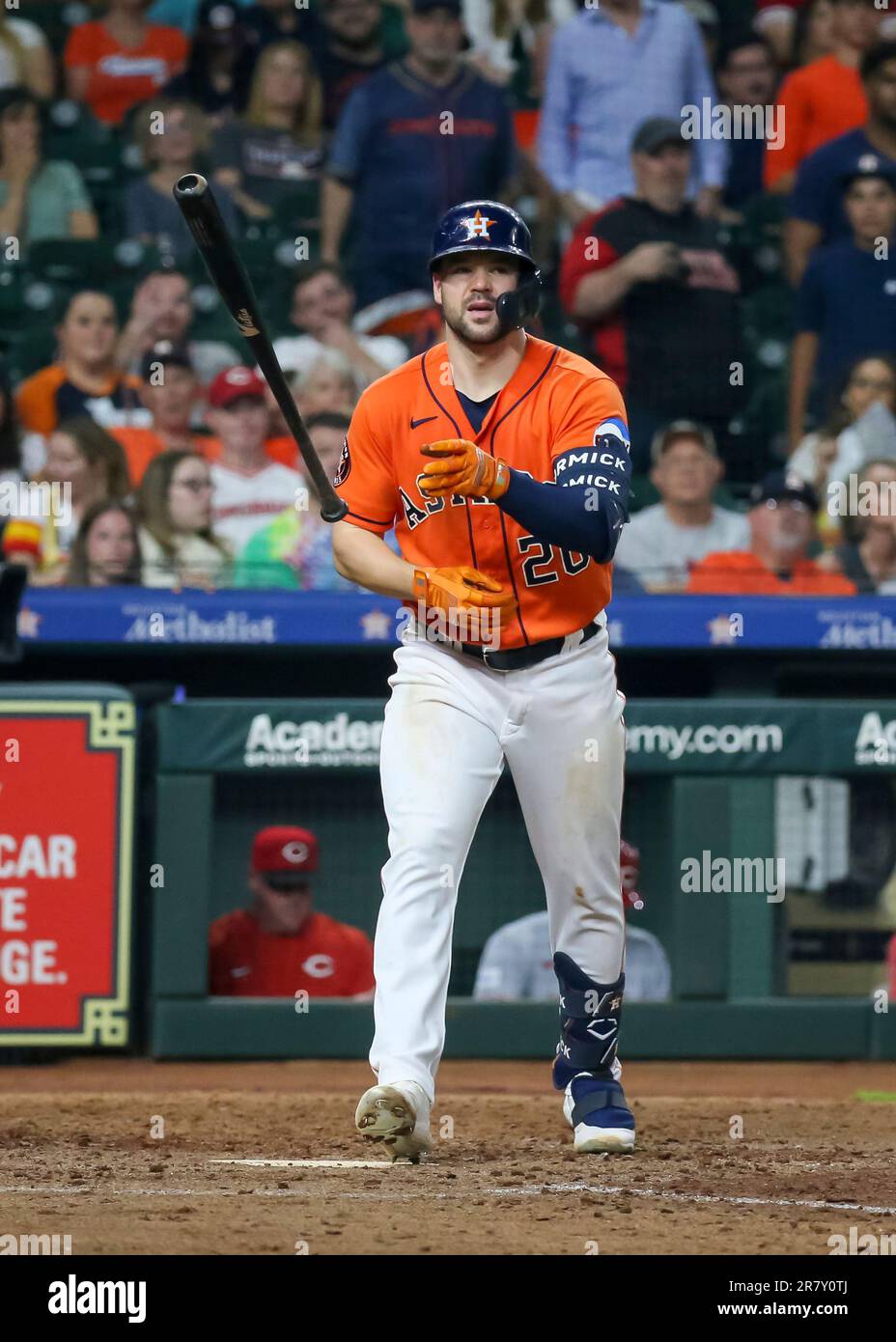 HOUSTON, TX - JUNE 16: Houston Astros center fielder Chas McCormick (20) throws his bat as he ...