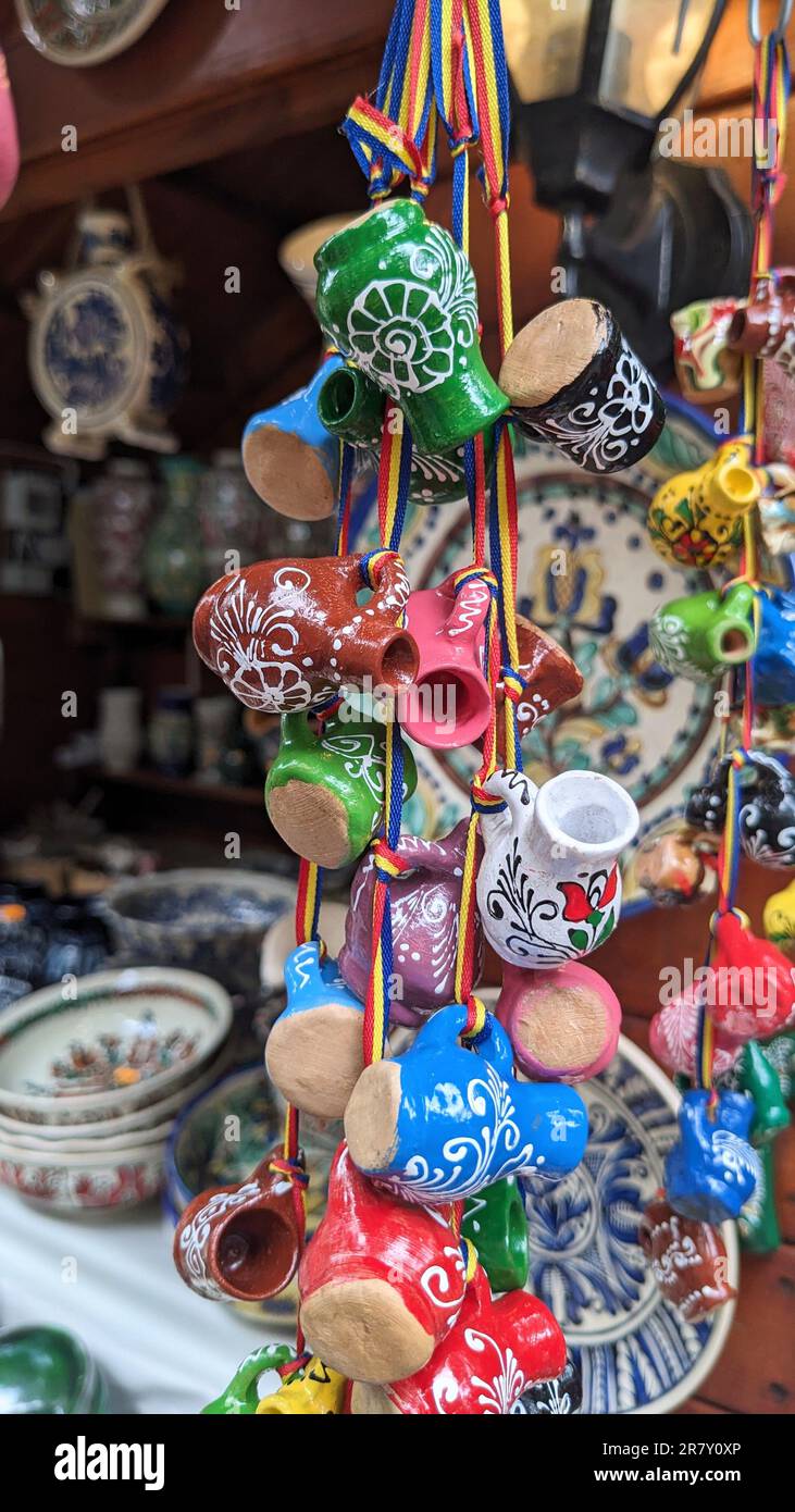 Romanian traditional ceramic small pot souvenirs at local folklore ...
