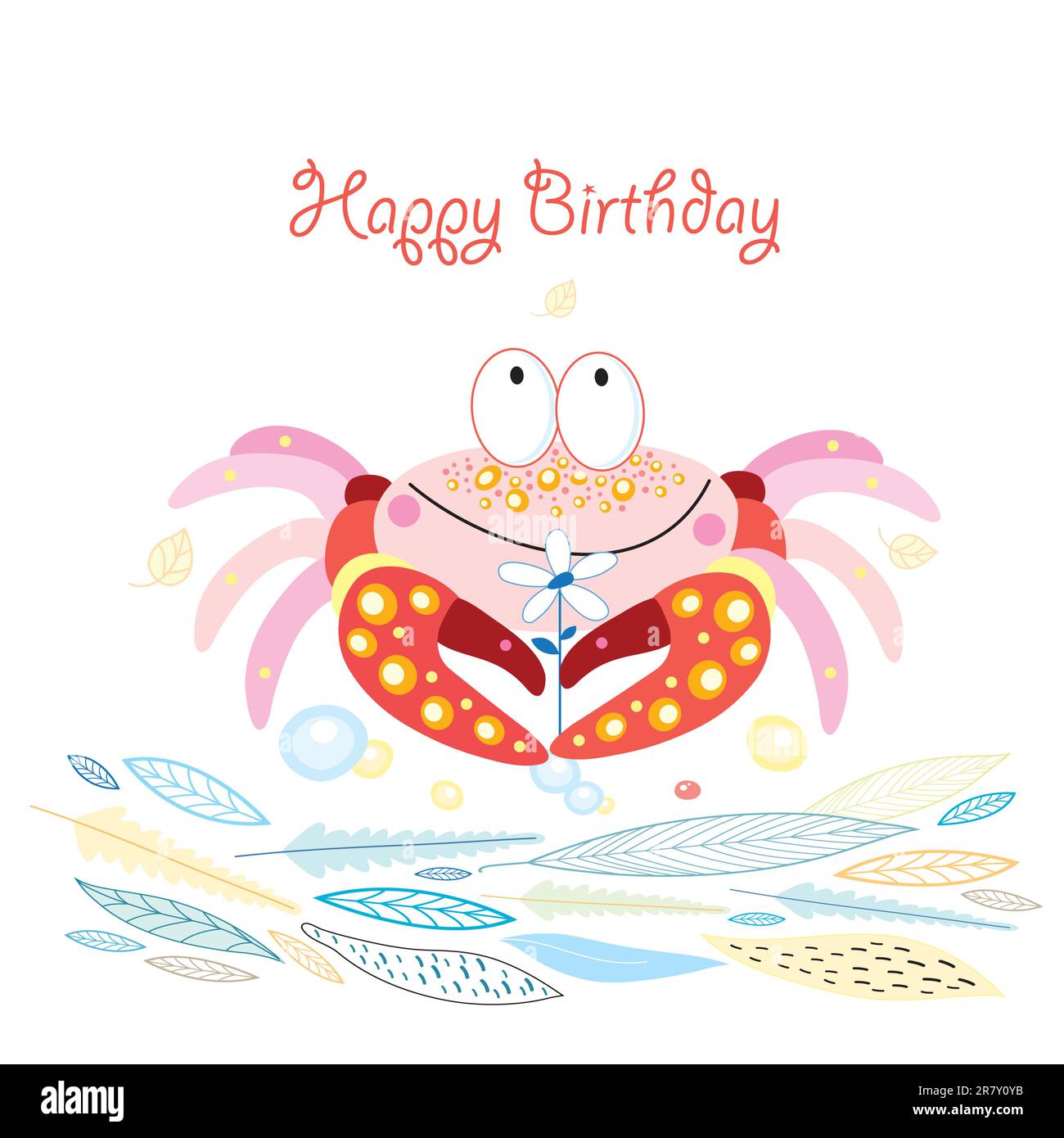 greeting card with a funny pink crabs on a white background with blue ...