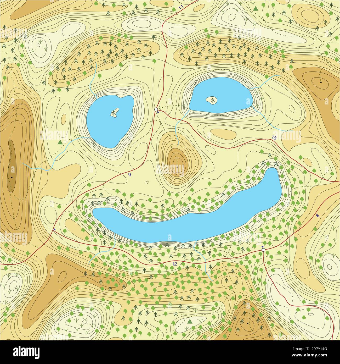 Editable vector illustration of a generic contour map in the shape of a ...