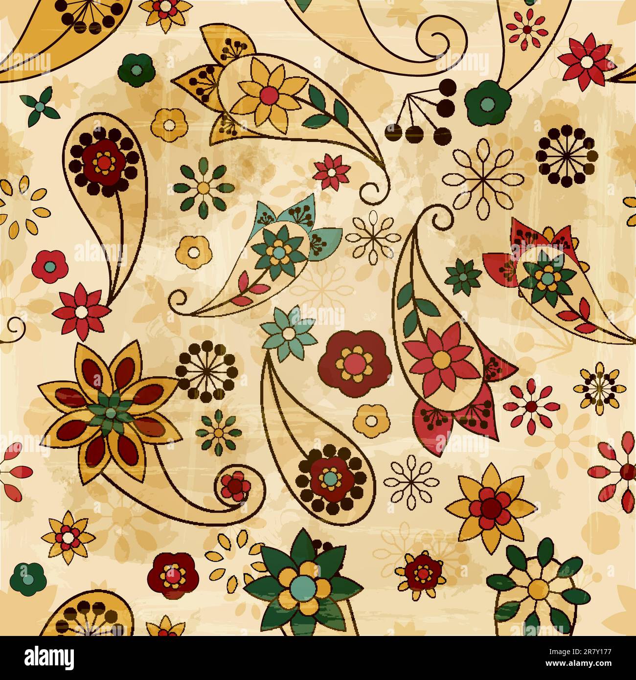vector seamless spring pattern, paisley elements and flowers, old paper ...