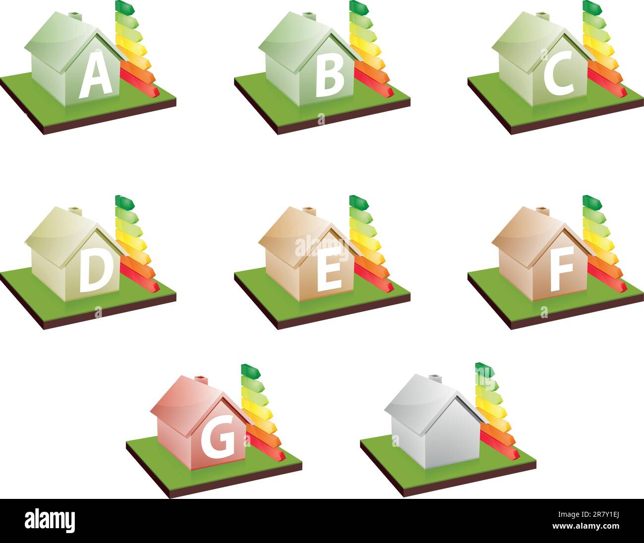 illustration of houses with energy efficiency bars, showing the letter ...