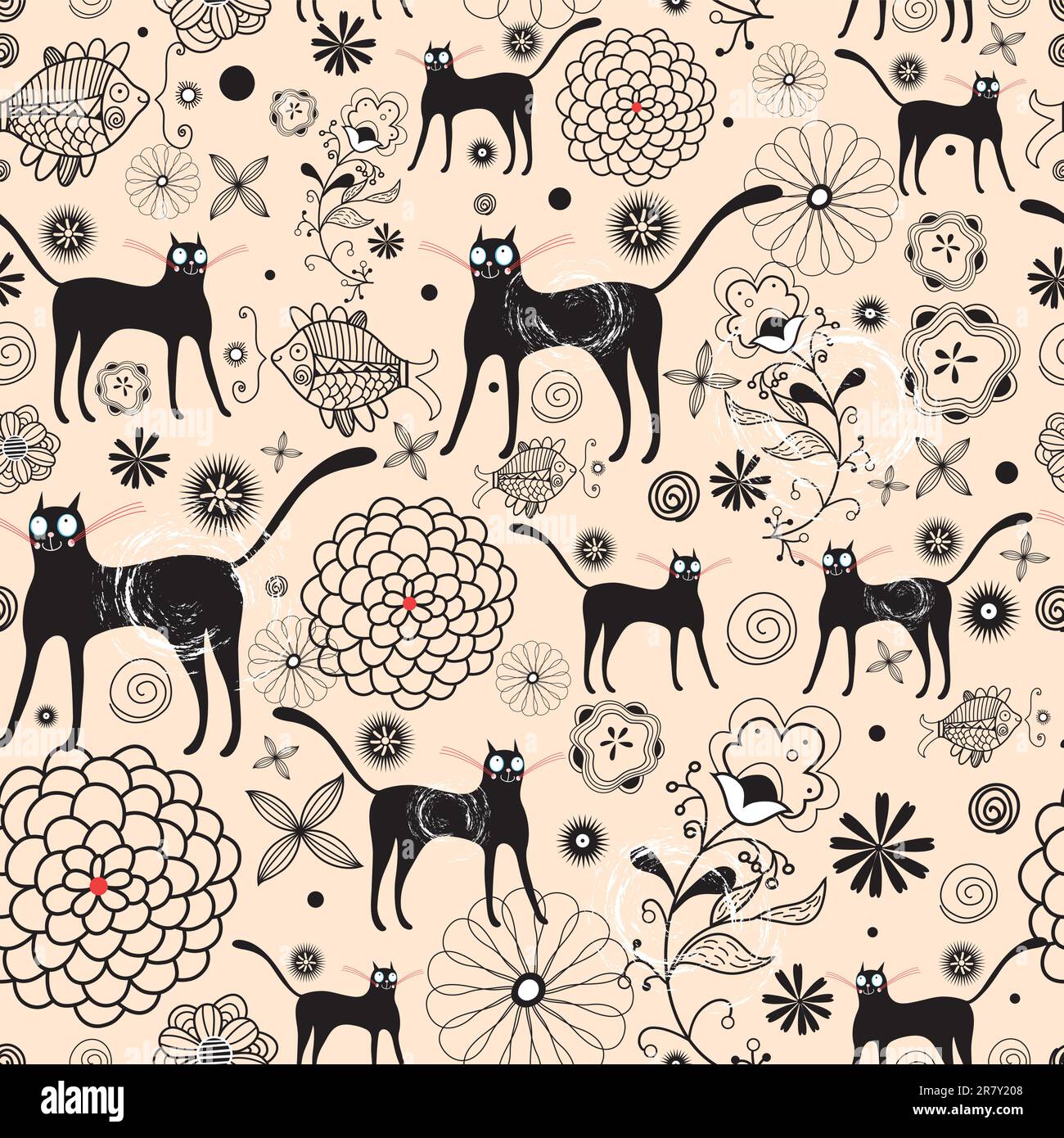 Seamless floral pattern with black cats and fish on a light background ...