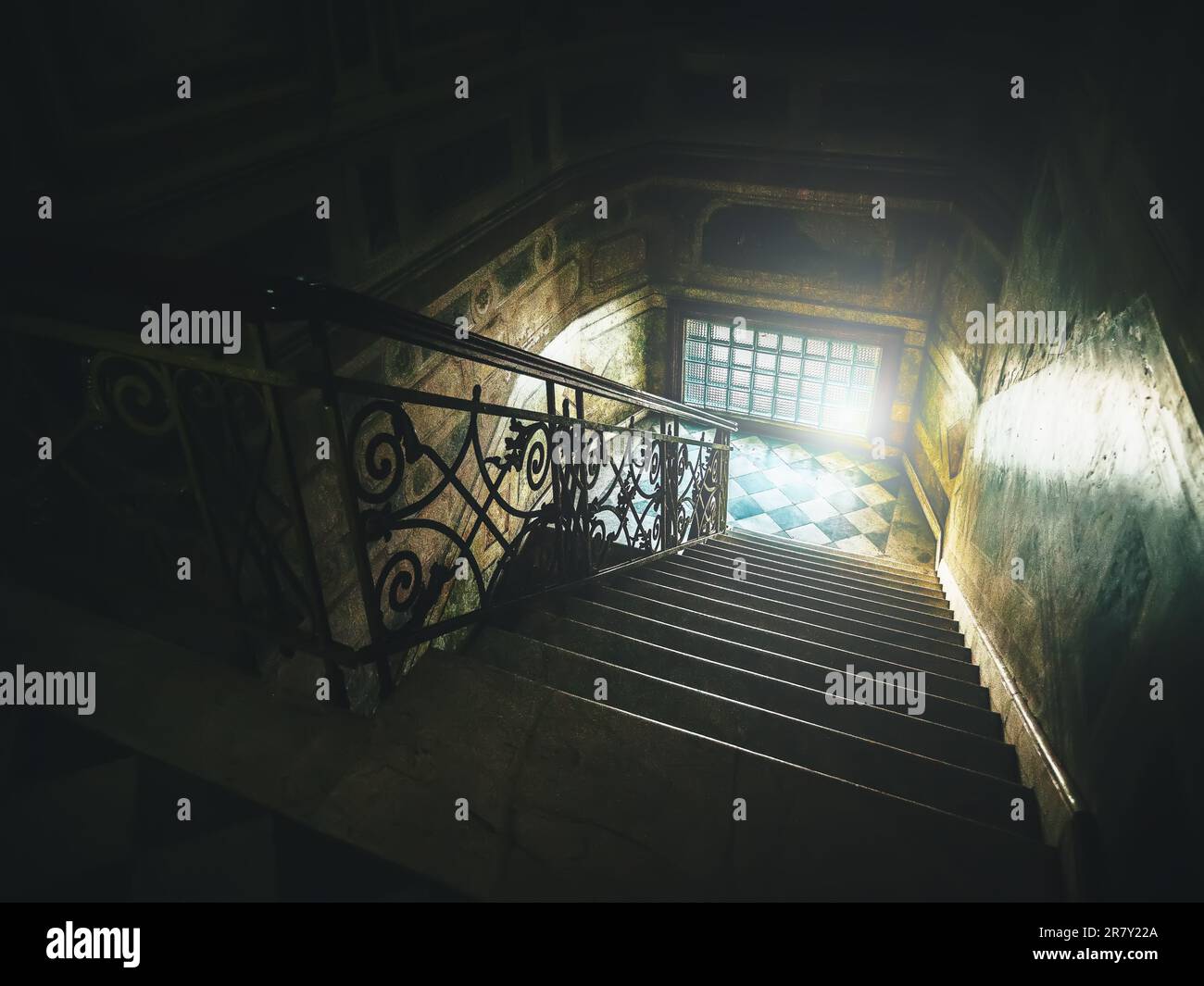 Old Sconces On A Dark Old Staircase A Dark And Eerie Hallway With A