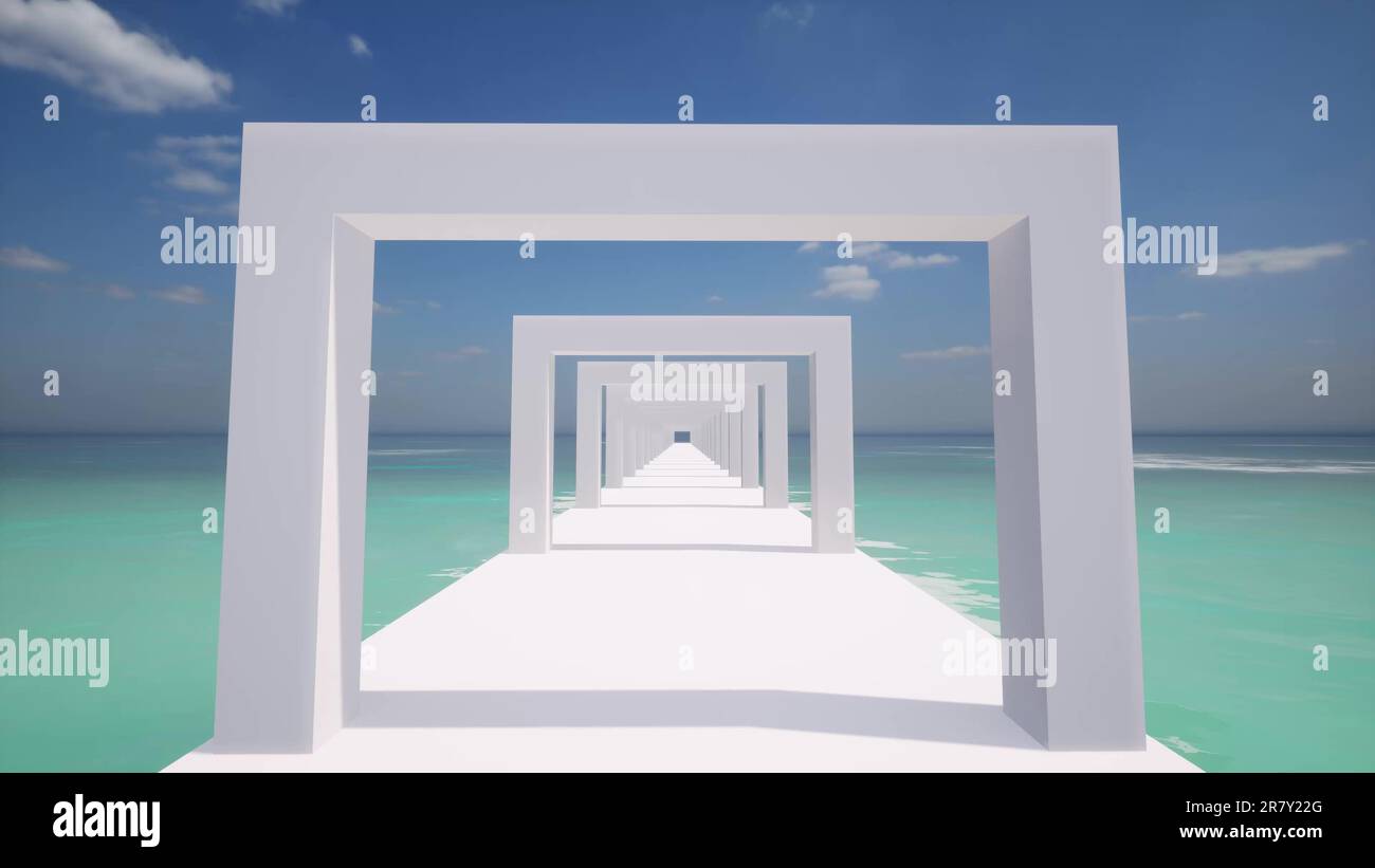 Futuristic new architecture square arch pedestal tropical ocean ...