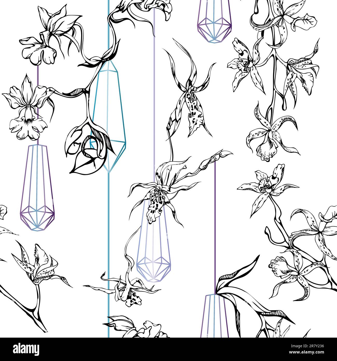 Hand drawn vector ink orchid flowers and branches, monochrome, detailed ...