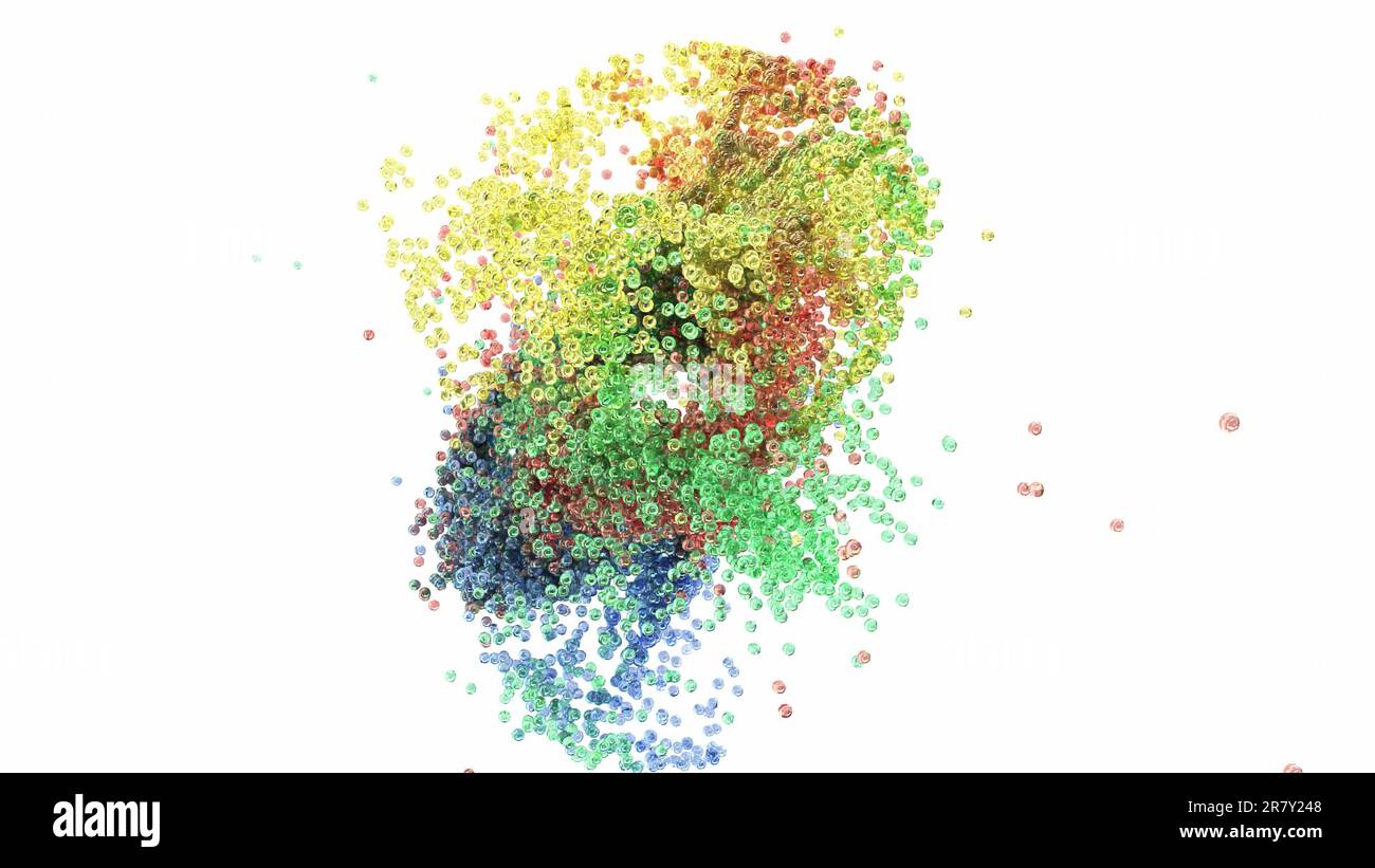 Drops of different colors collide creating many drops on a transparent ...