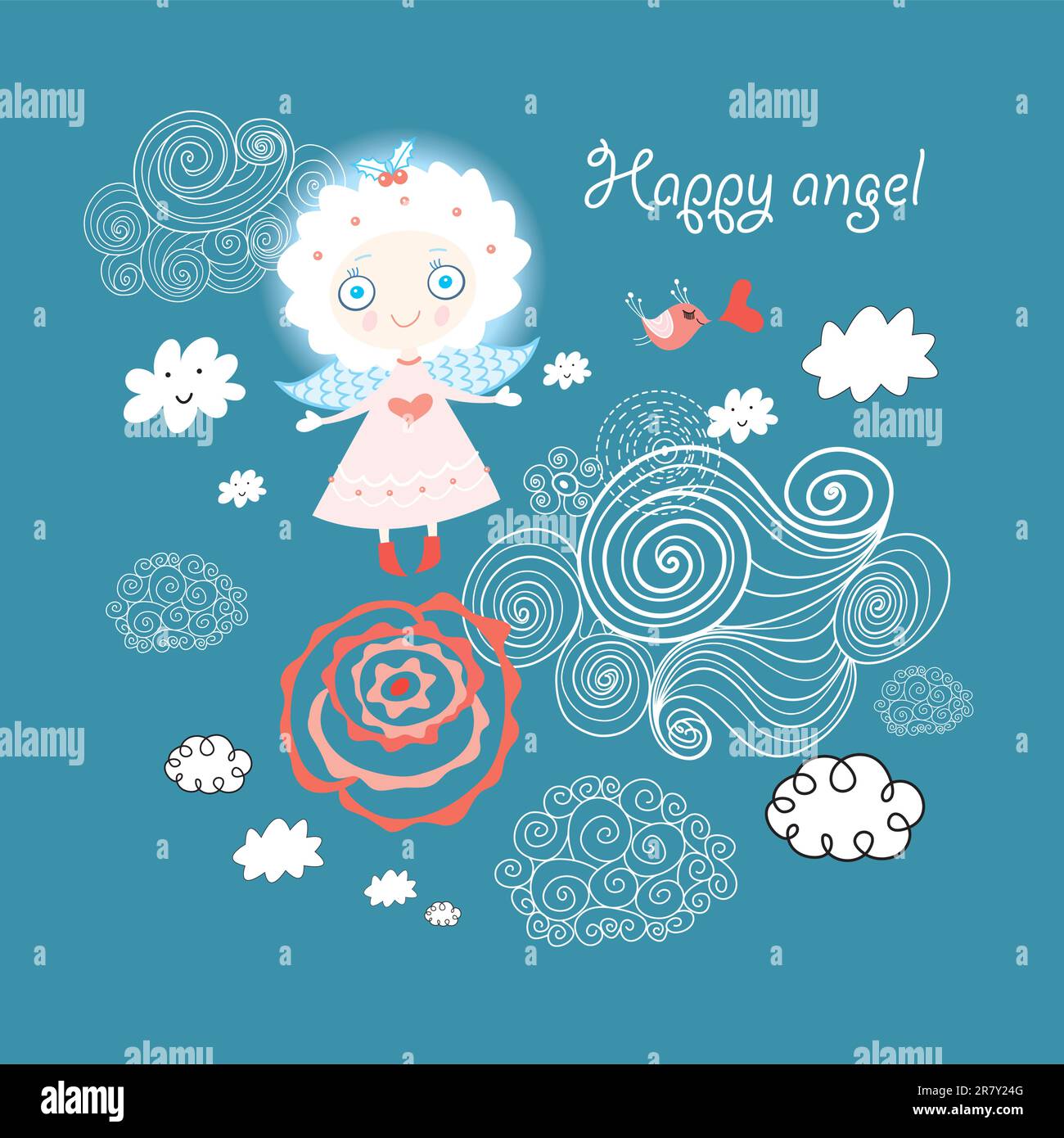 funny angel on a blue background with clouds and a bird Stock Vector ...
