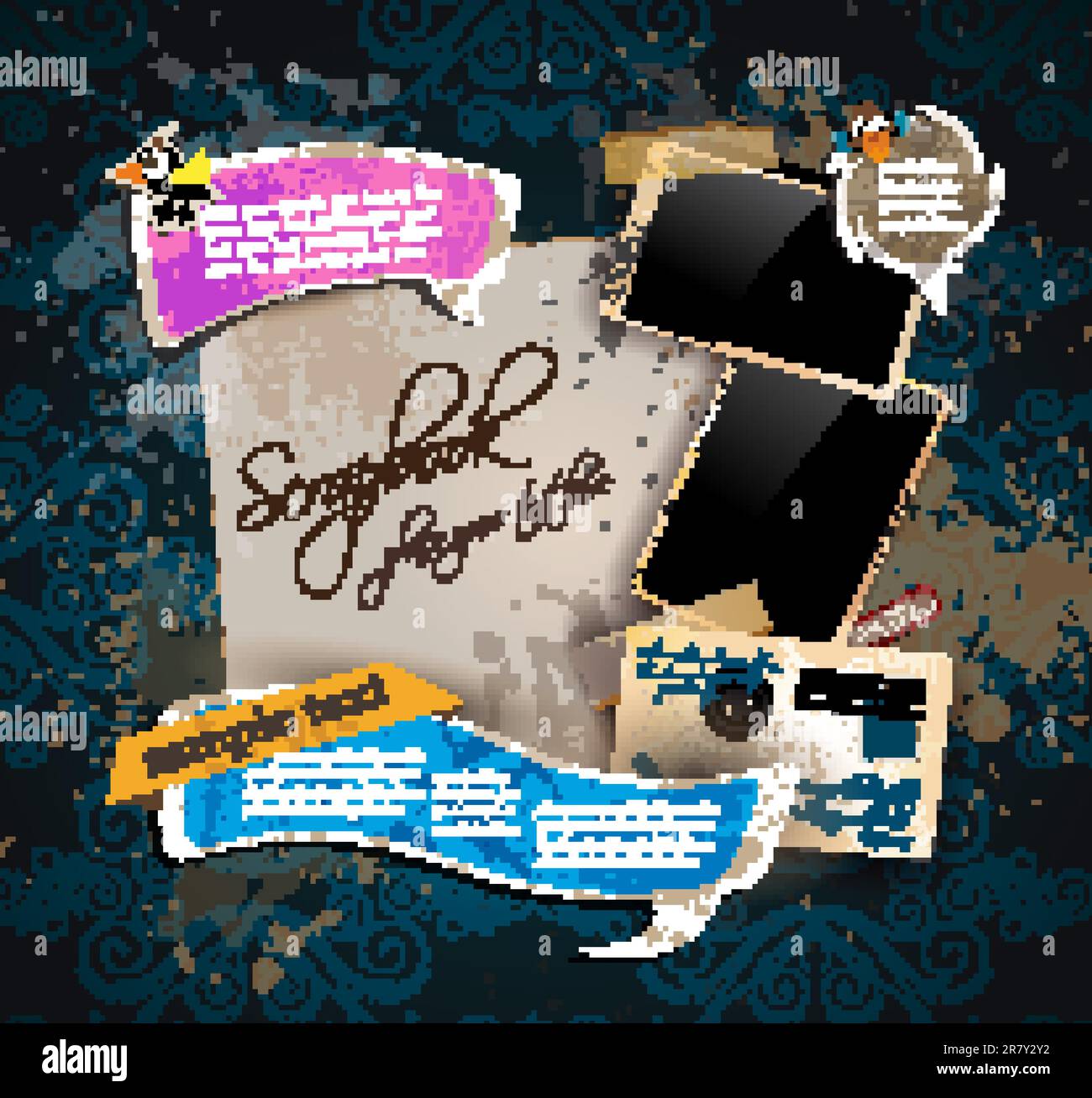 Vintage scrapbook composition with old style distressed postage design ...