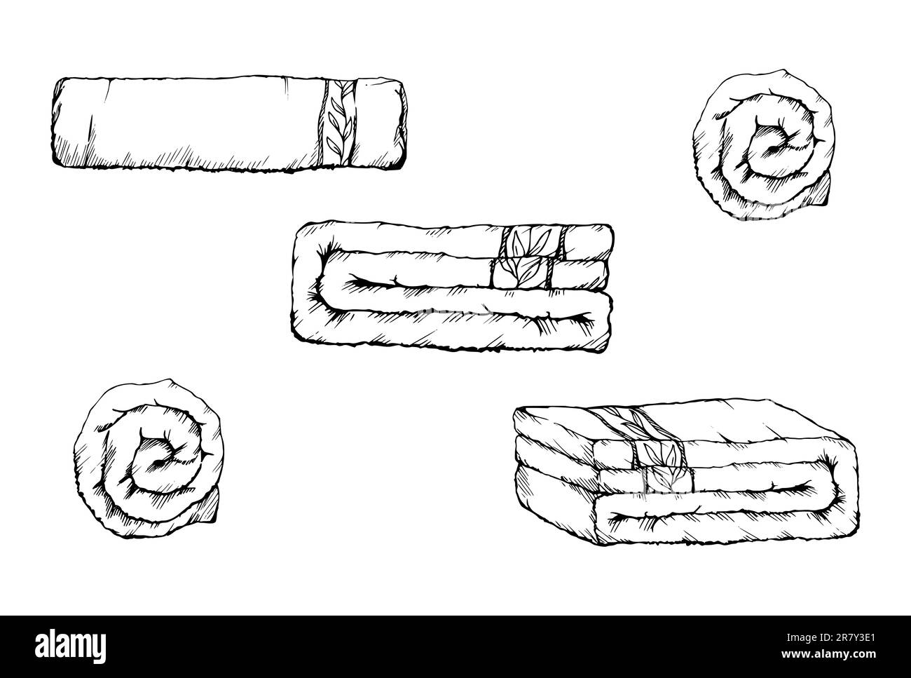 Hand drawn vector ink spa skincare bath towels folded and rolled ...
