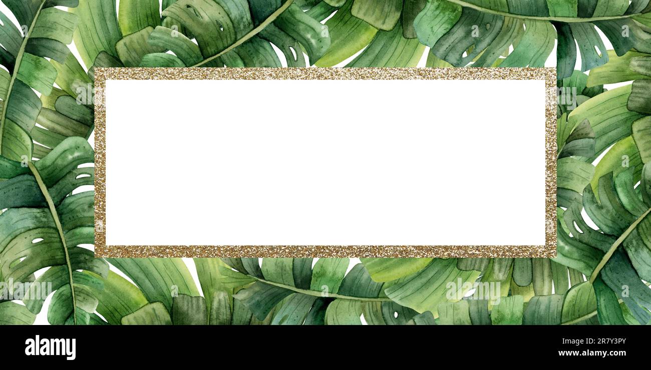 Watercolor tropical leaves horizontal banner template with gold frame ...