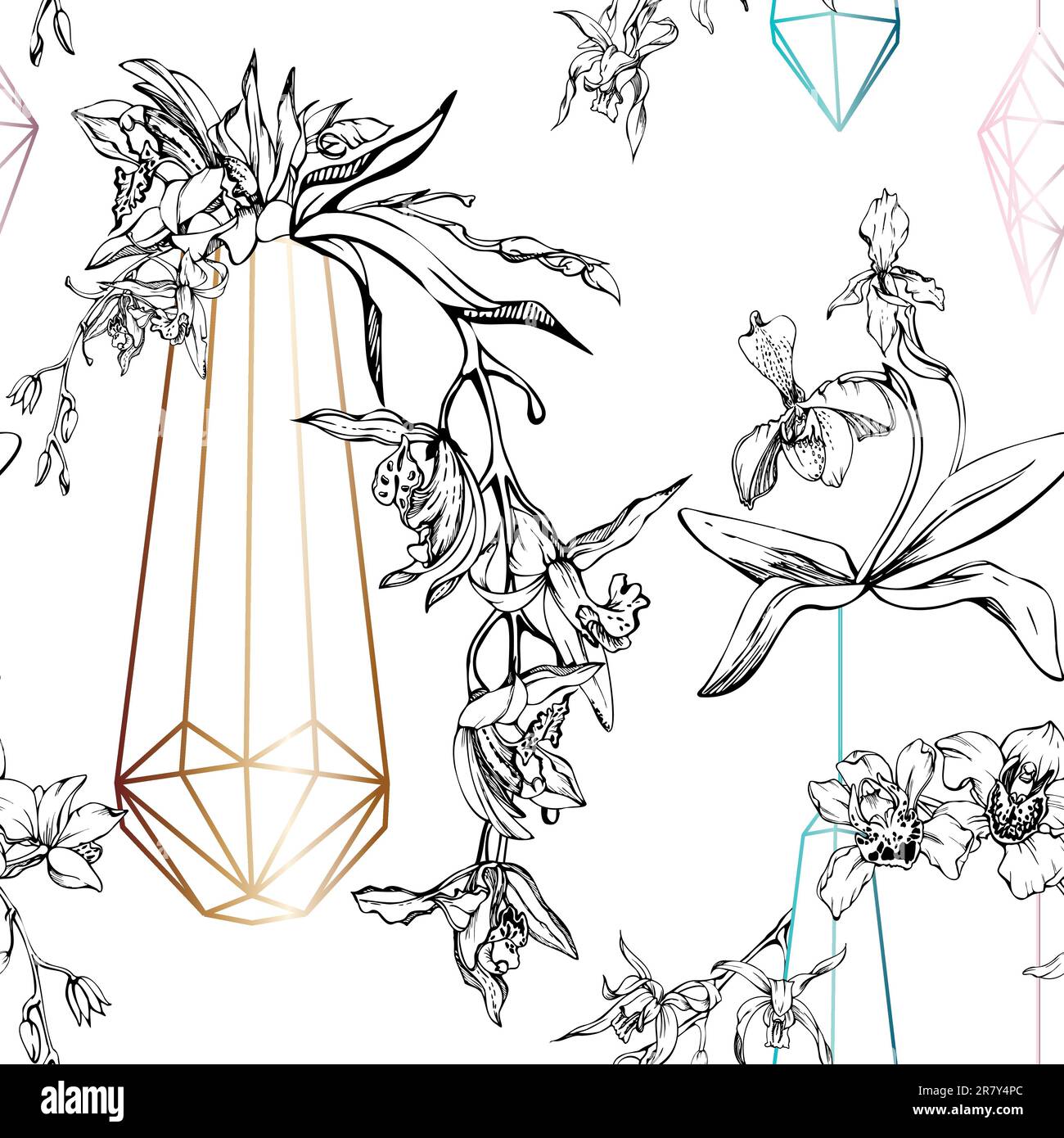 Hand drawn vector ink orchid flowers and branches, monochrome, detailed ...