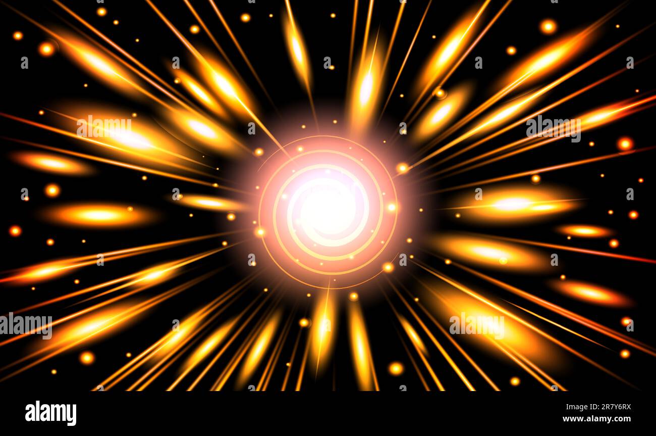 Golden, yellow glowing lines and particles of strong energy, magic in ...