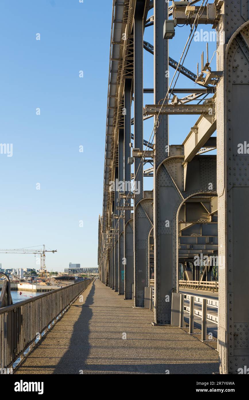 The truss bridge, in german Freihafenelbebruecke, is crossing the ...