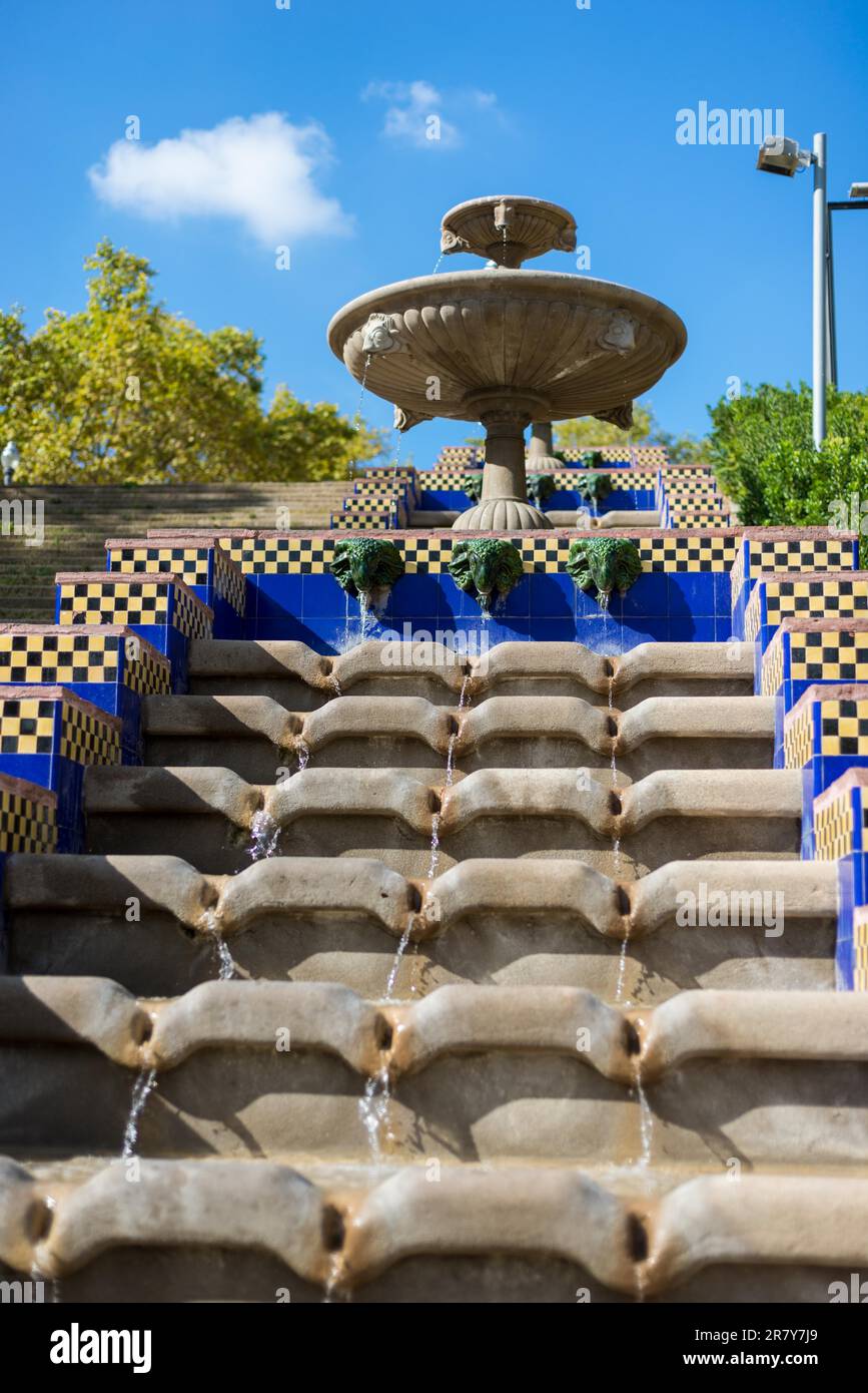 Stairway in the Montjuic city park. The stairs lead to the national art ...