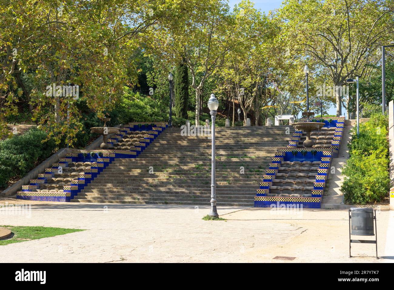 Stairway in the Montjuic city park. The stairs lead to the national art ...