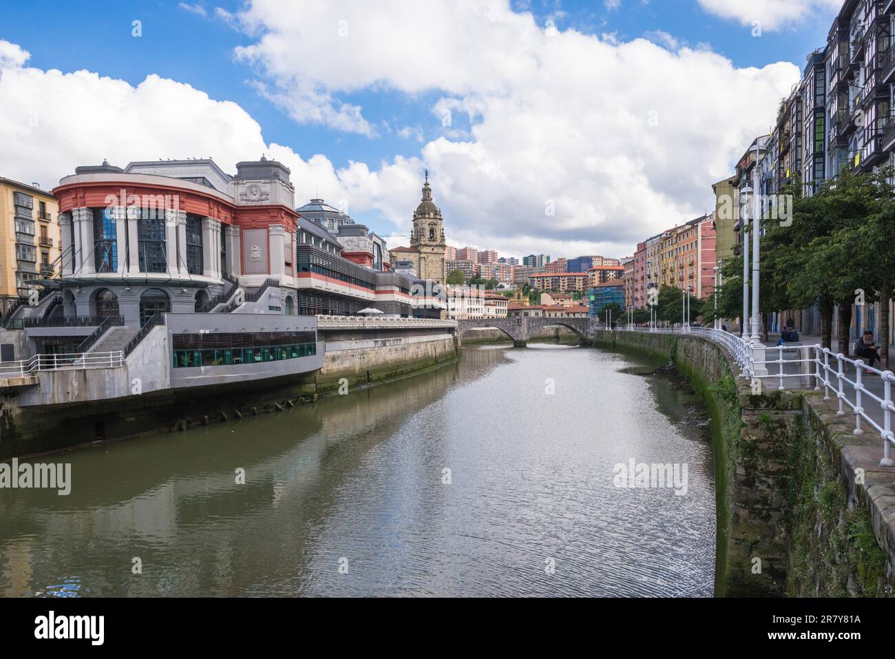 House facades in Bilbao along the Nervion river that runs through the ...
