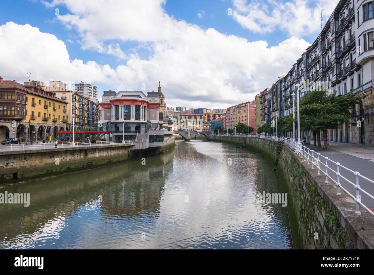 House facades in Bilbao along the Nervion river that runs through the ...