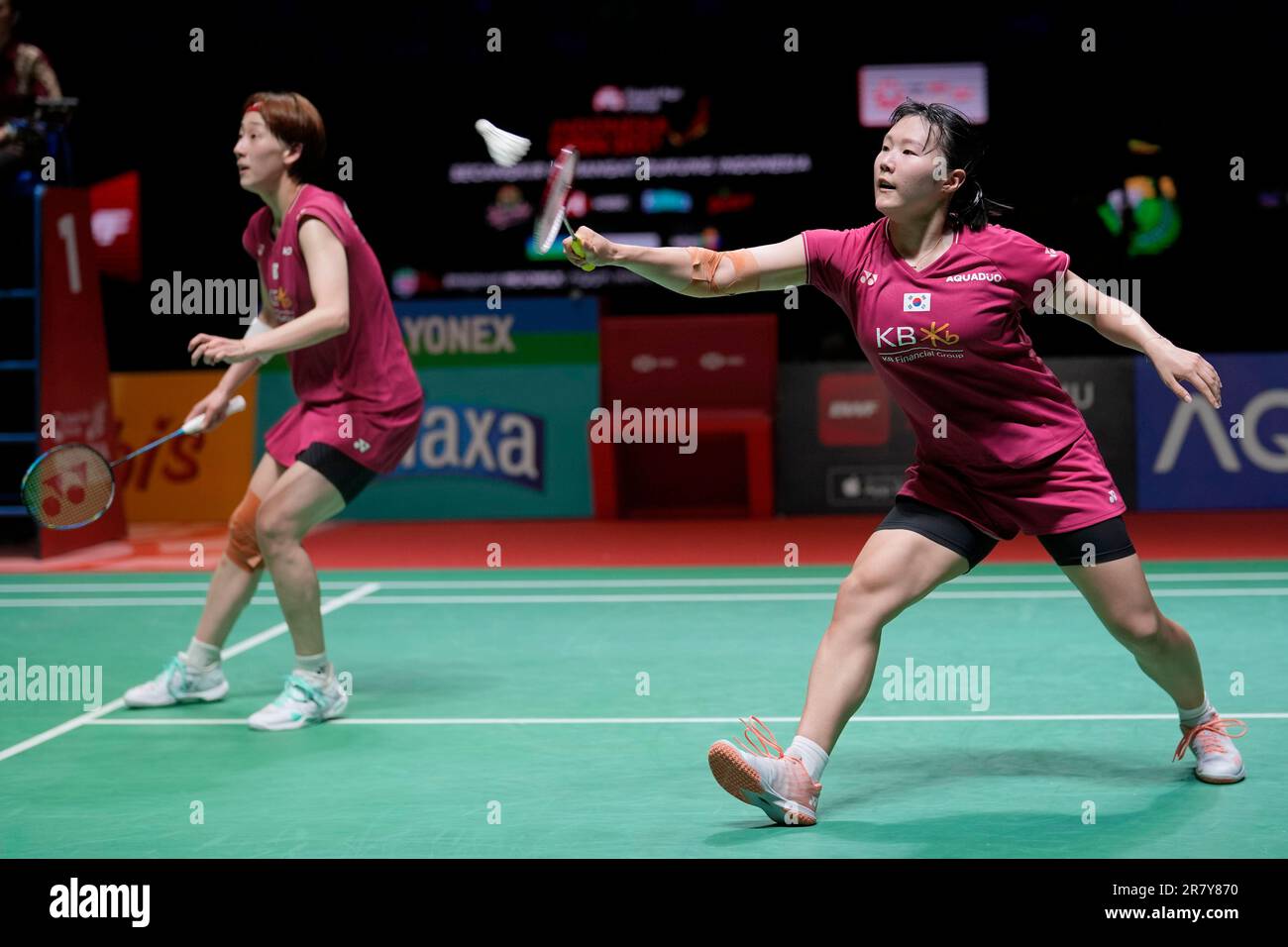 South Korea's Baek Ha-na, right, and Lee So-hee play against Japan's Yuki Fukushima and Sayaka ...