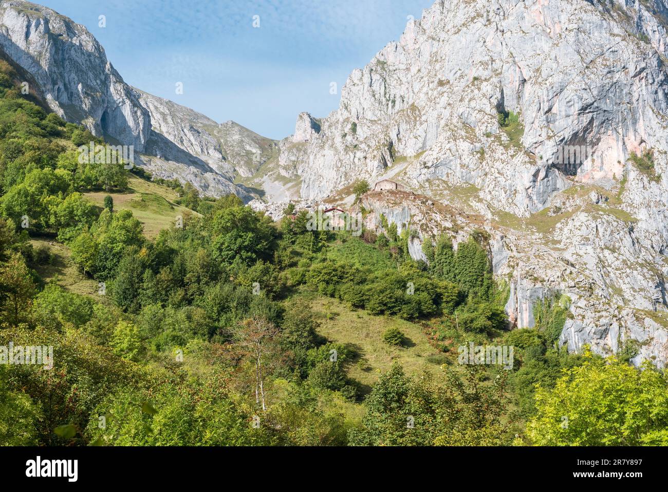 The village Bulnes de Arriba in the Picos de Europa, is one of the ...