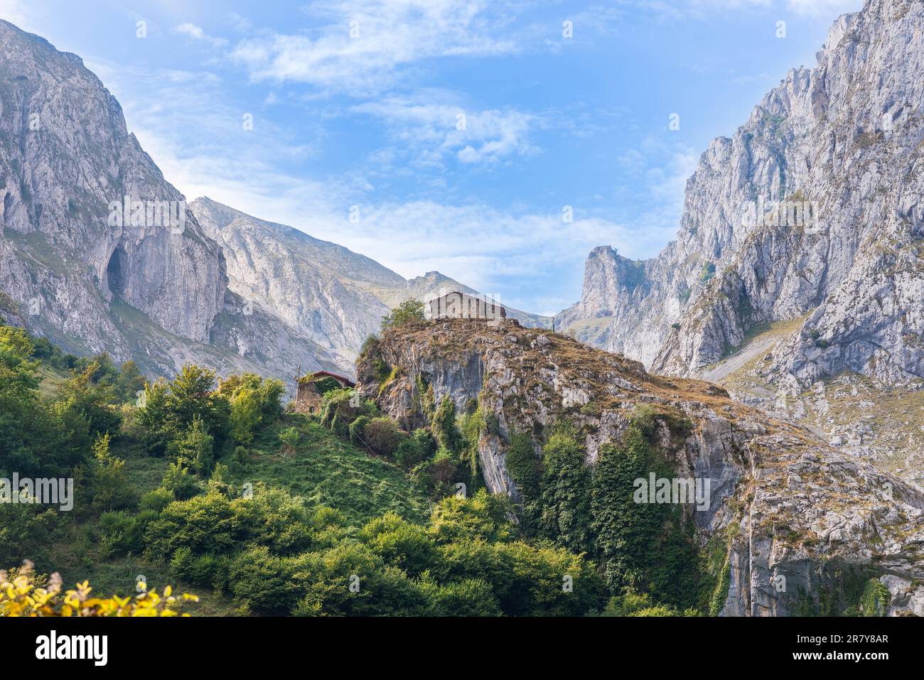 The village Bulnes de Arriba in the Picos de Europa, is one of the ...