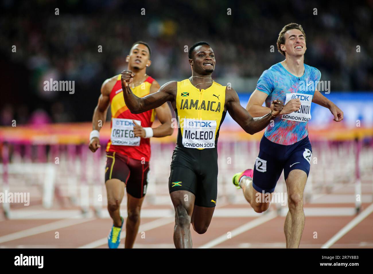 Omar MCLEOD winning in the 110m hurdles final and celebrating with the ...