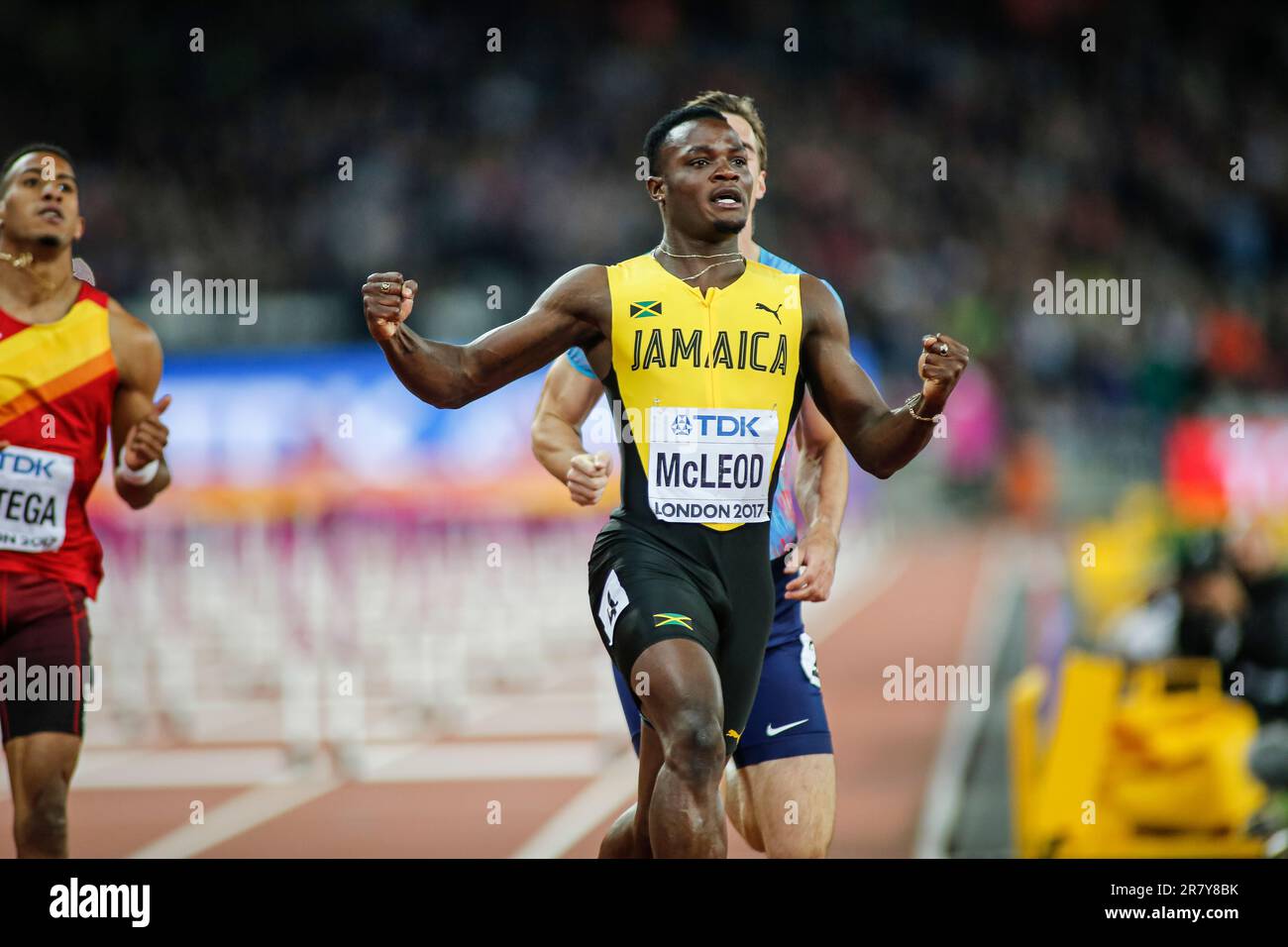 Omar MCLEOD winning in the 110m hurdles final and celebrating with the ...