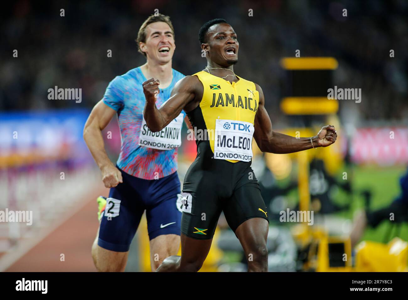 Omar MCLEOD winning in the 110m hurdles final and celebrating with the ...