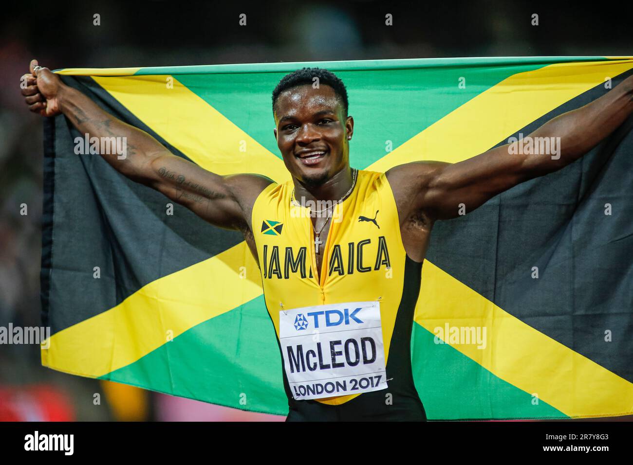 Omar MCLEOD winning in the 110m hurdles final and celebrating with the ...