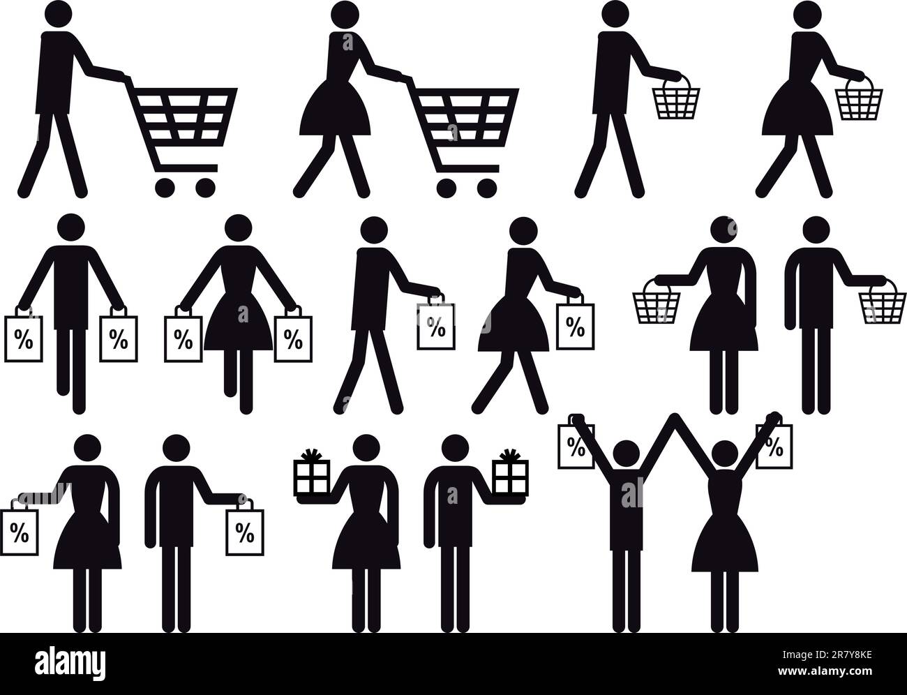 people with shopping cart and bag, vector icon set Stock Vector Image ...
