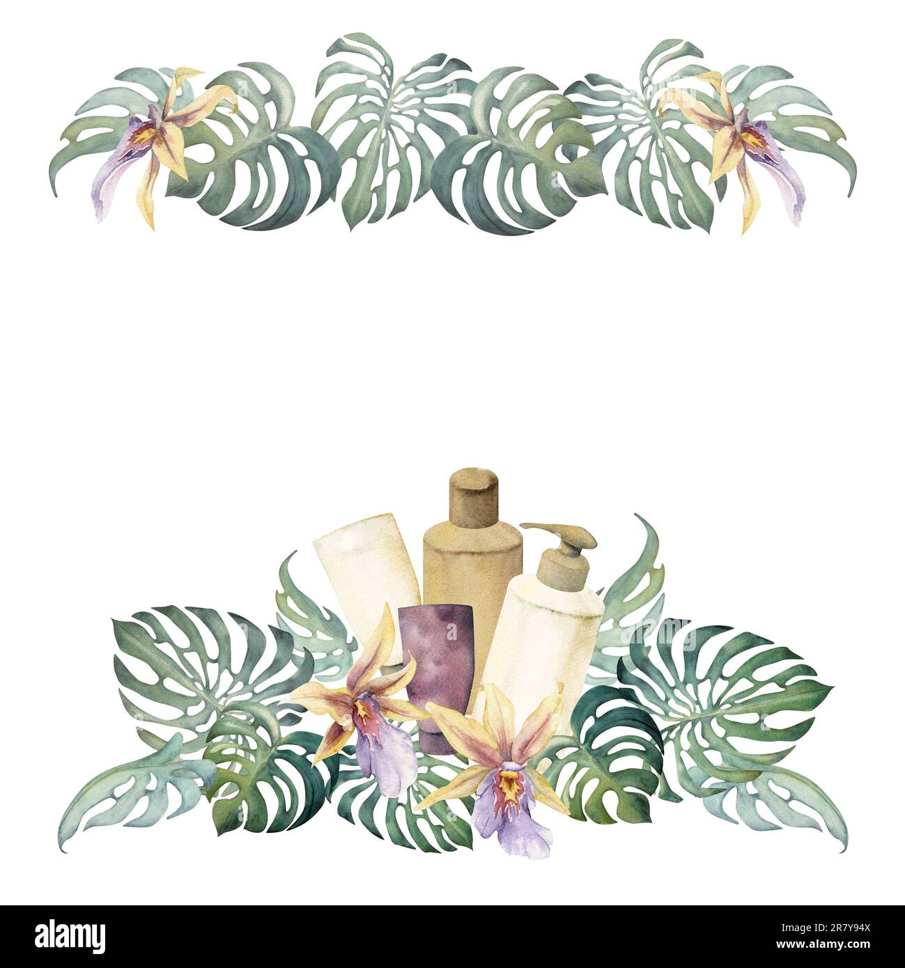 Hand drawn watercolor spa skincare bath beauty products package with ...