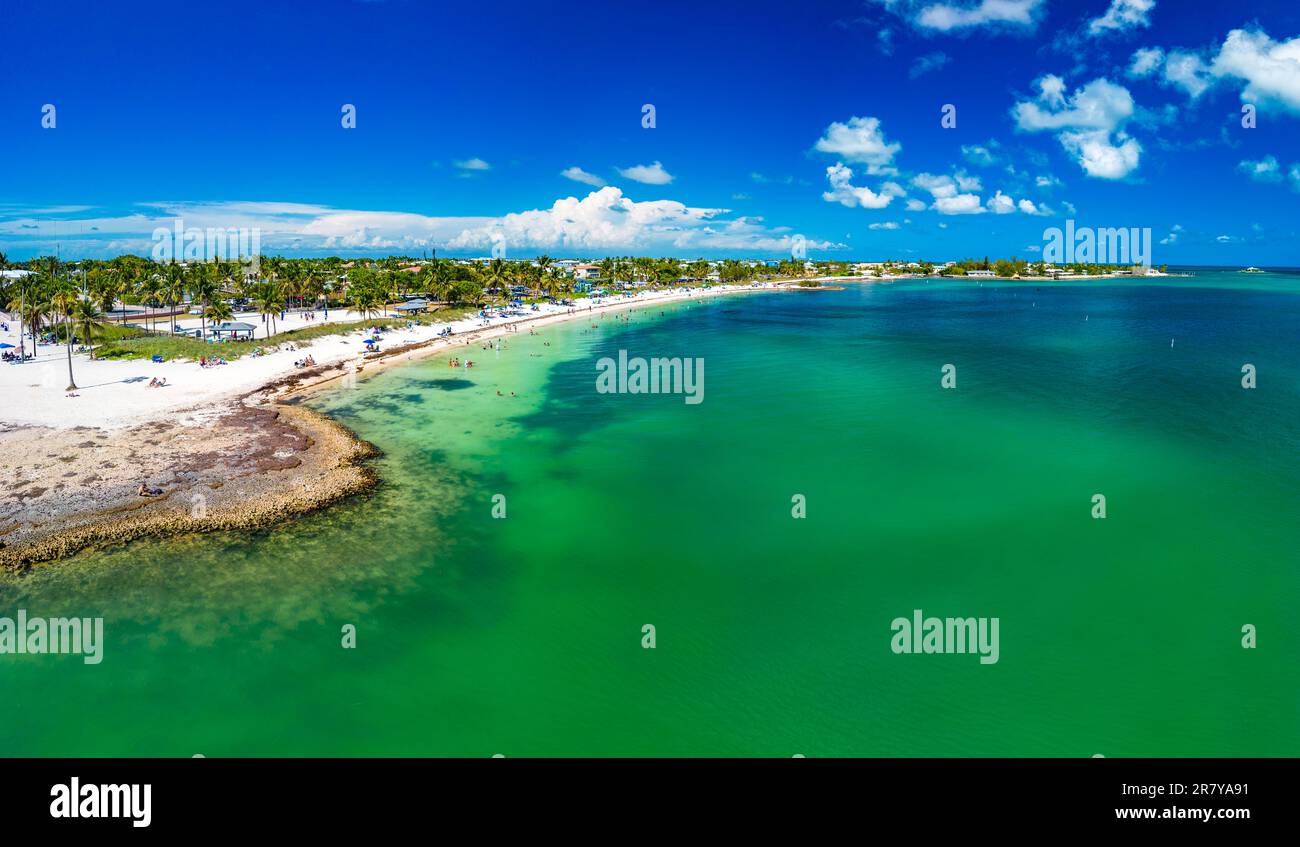 Aerial view of Sombrero Beach with palm trees on the Florida Keys ...