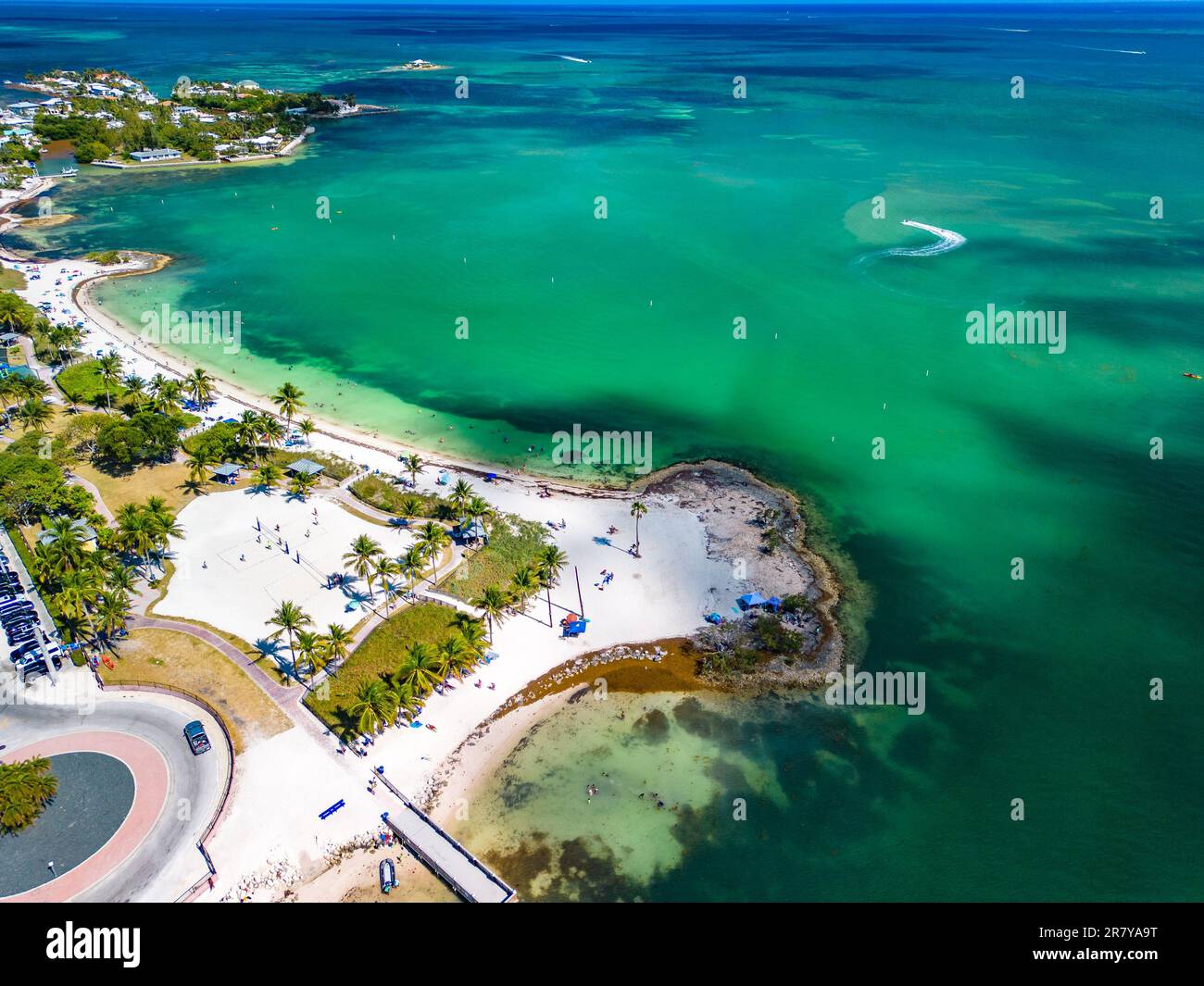 Aerial view of Sombrero Beach with palm trees on the Florida Keys ...