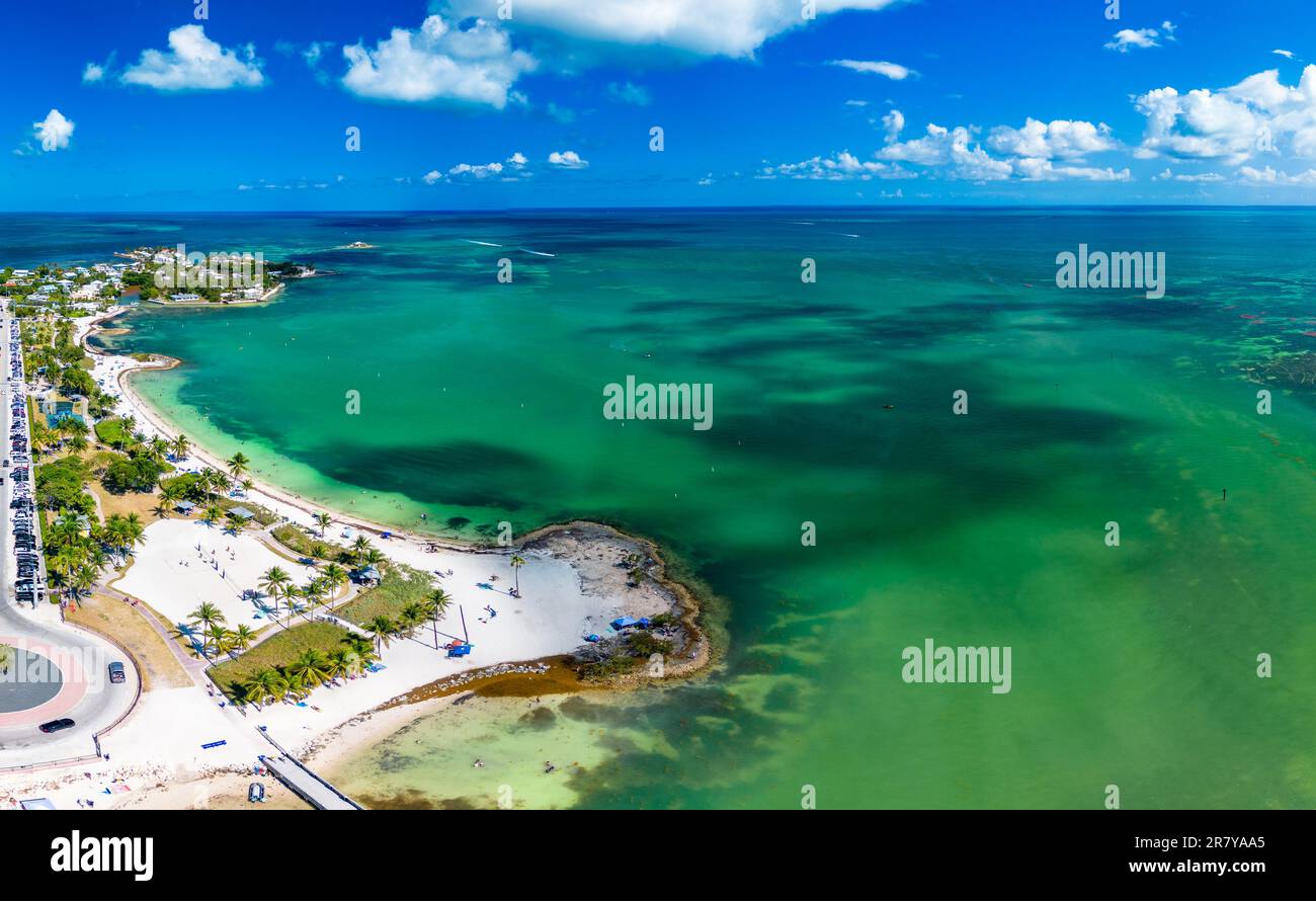 Aerial view of Sombrero Beach with palm trees on the Florida Keys ...