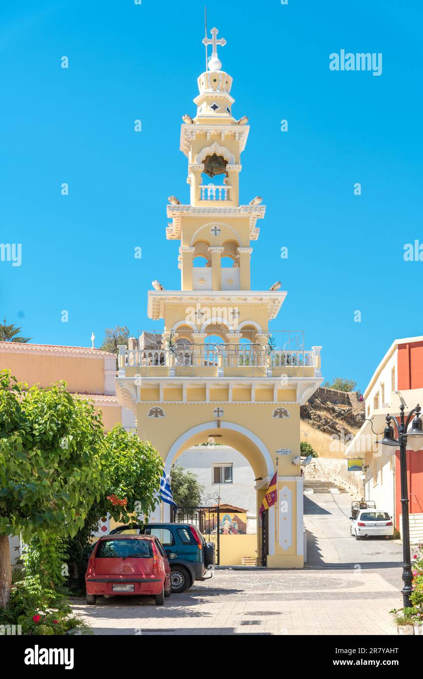 The bell tower of the Greek Orthodox church in Paleochora, a small town ...