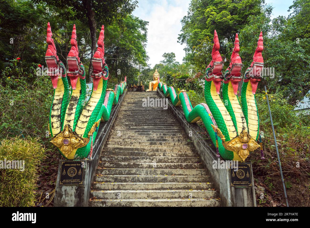 Three-headed Phaya Naga flanked the stairs up to the golden Buddha in ...